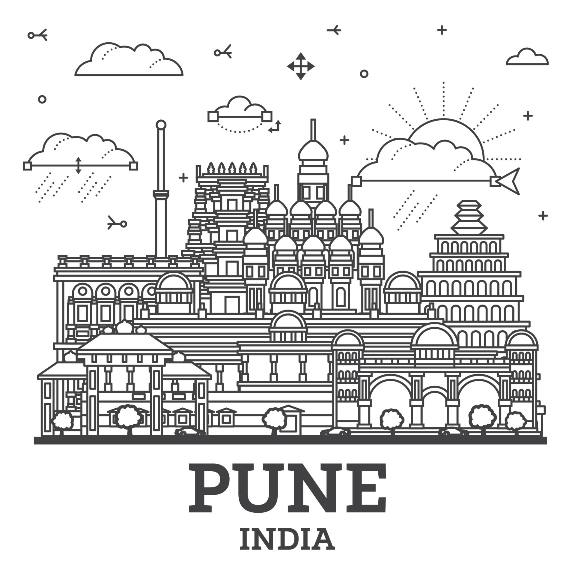 Outline Pune India City Skyline with Historic Buildings Isolated on White. Pune Maharashtra ...
