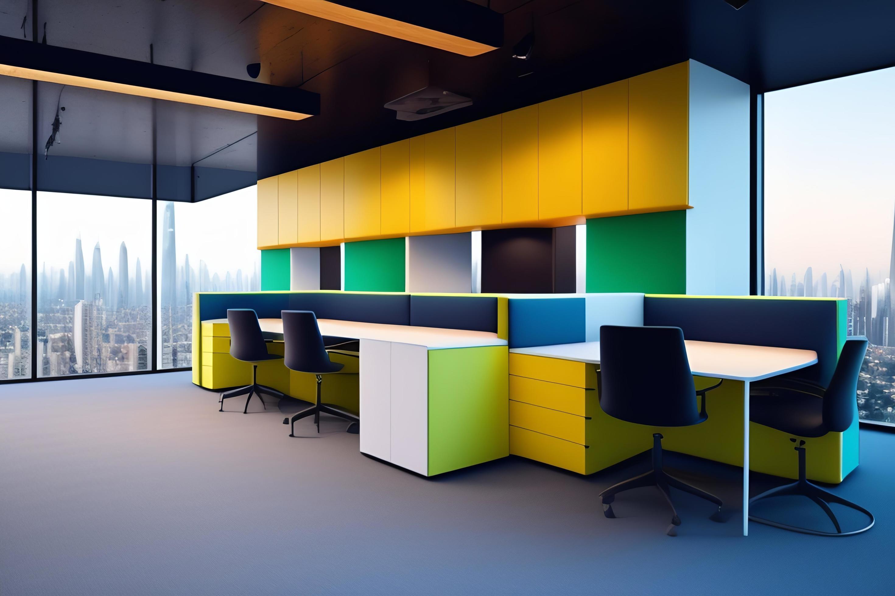Interior Of Modern Office With Yellow And Blue Walls Concrete Floor interior-of-modern-office-with-yellow-and-blue-walls-concrete-floor
