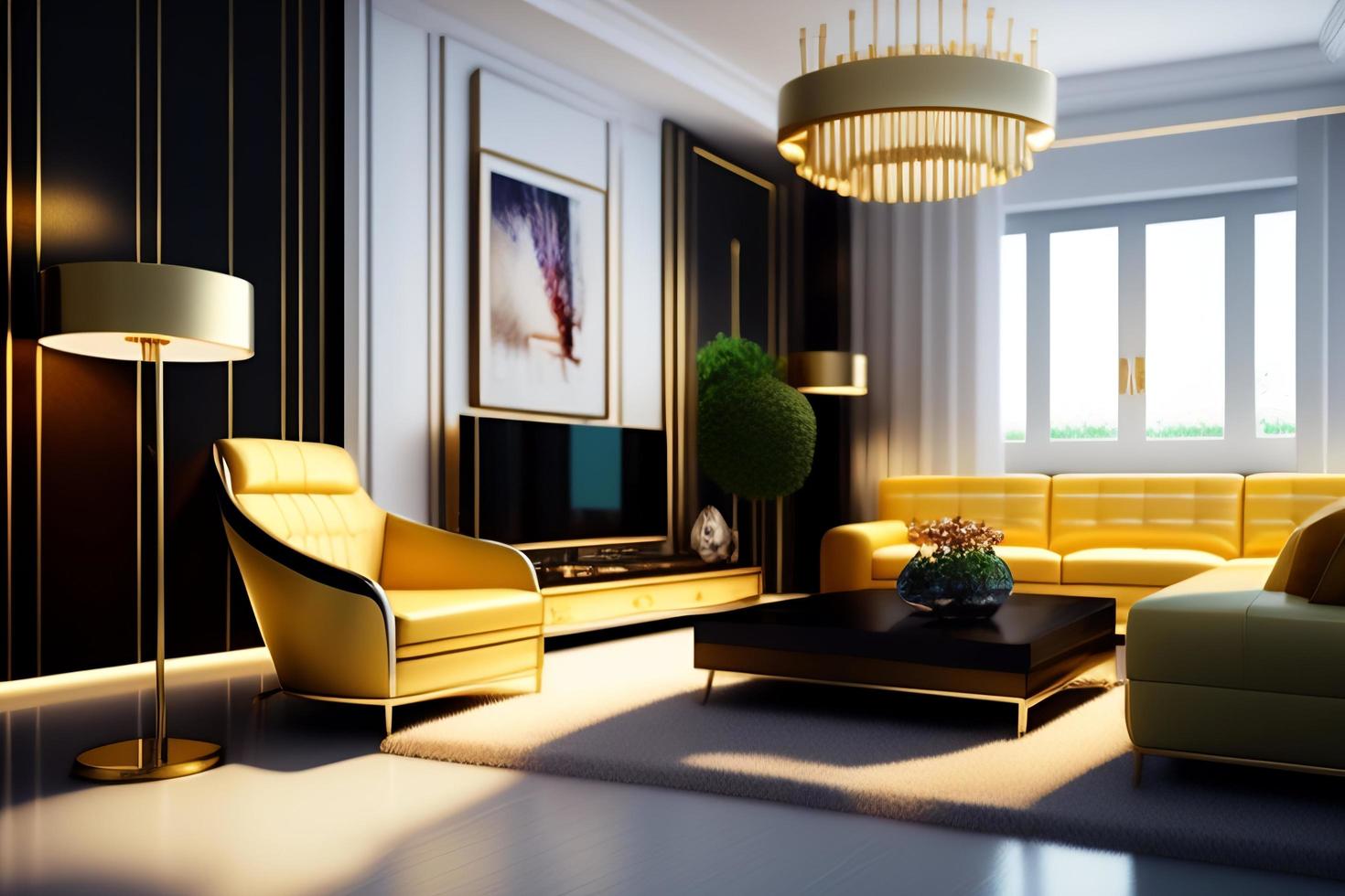 Interior Of Modern Living Room With Black And Gold Walls Concrete Floor Comfortable Sofas And