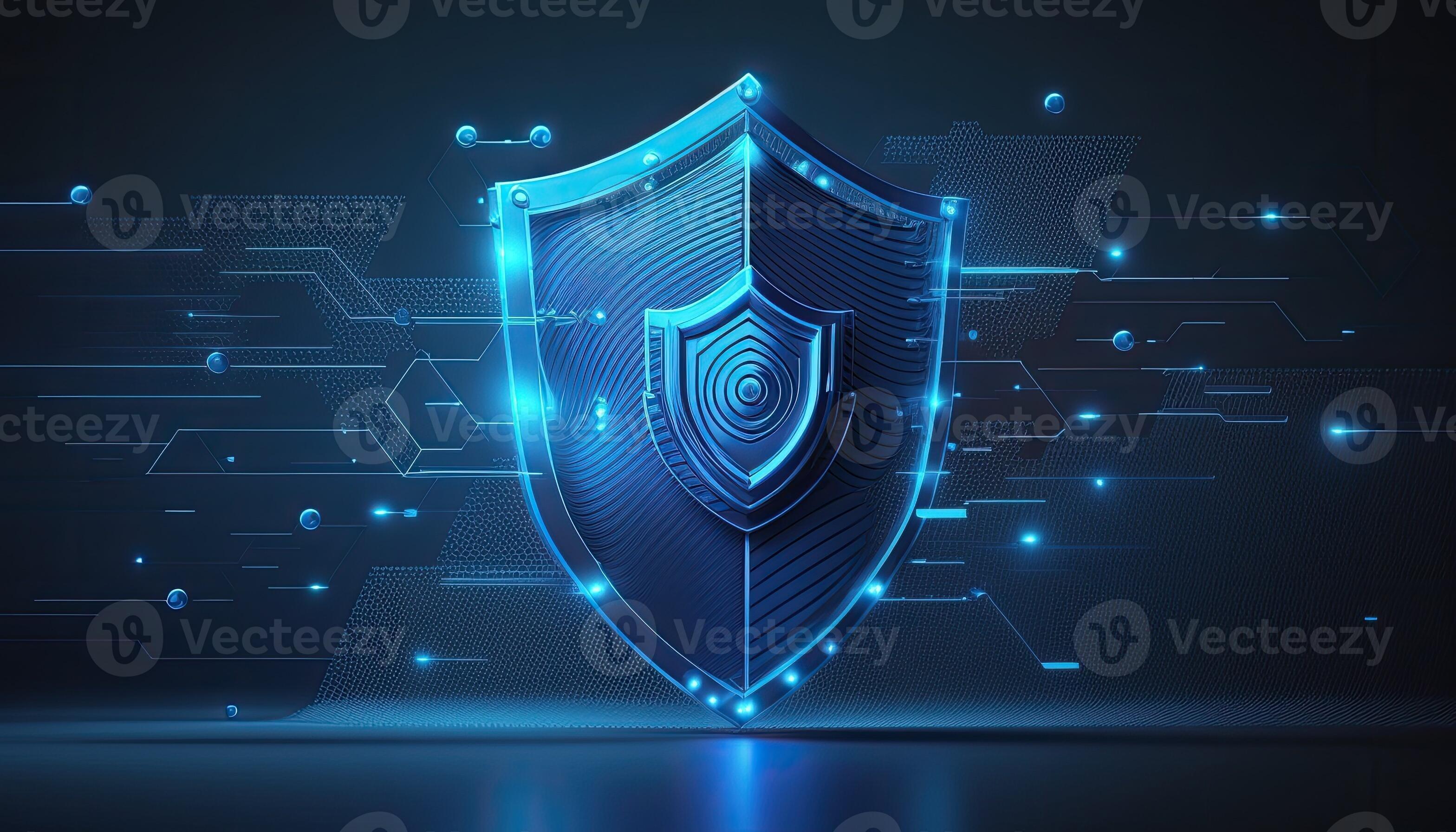 Cyber security digital data protection shield on blue background. Database security software ...
