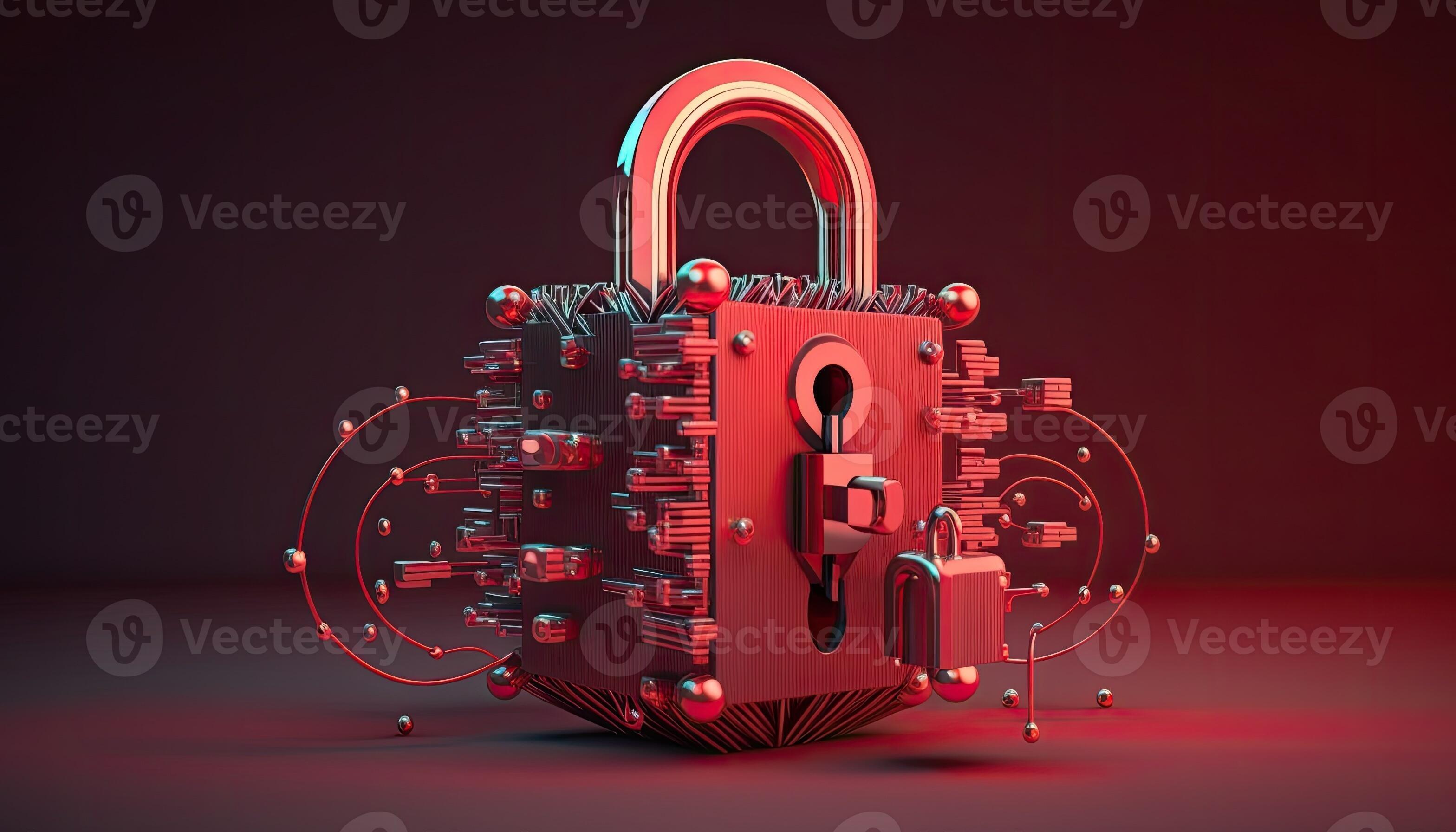 Cyber security digital data protection lock on red background. Database security software ...