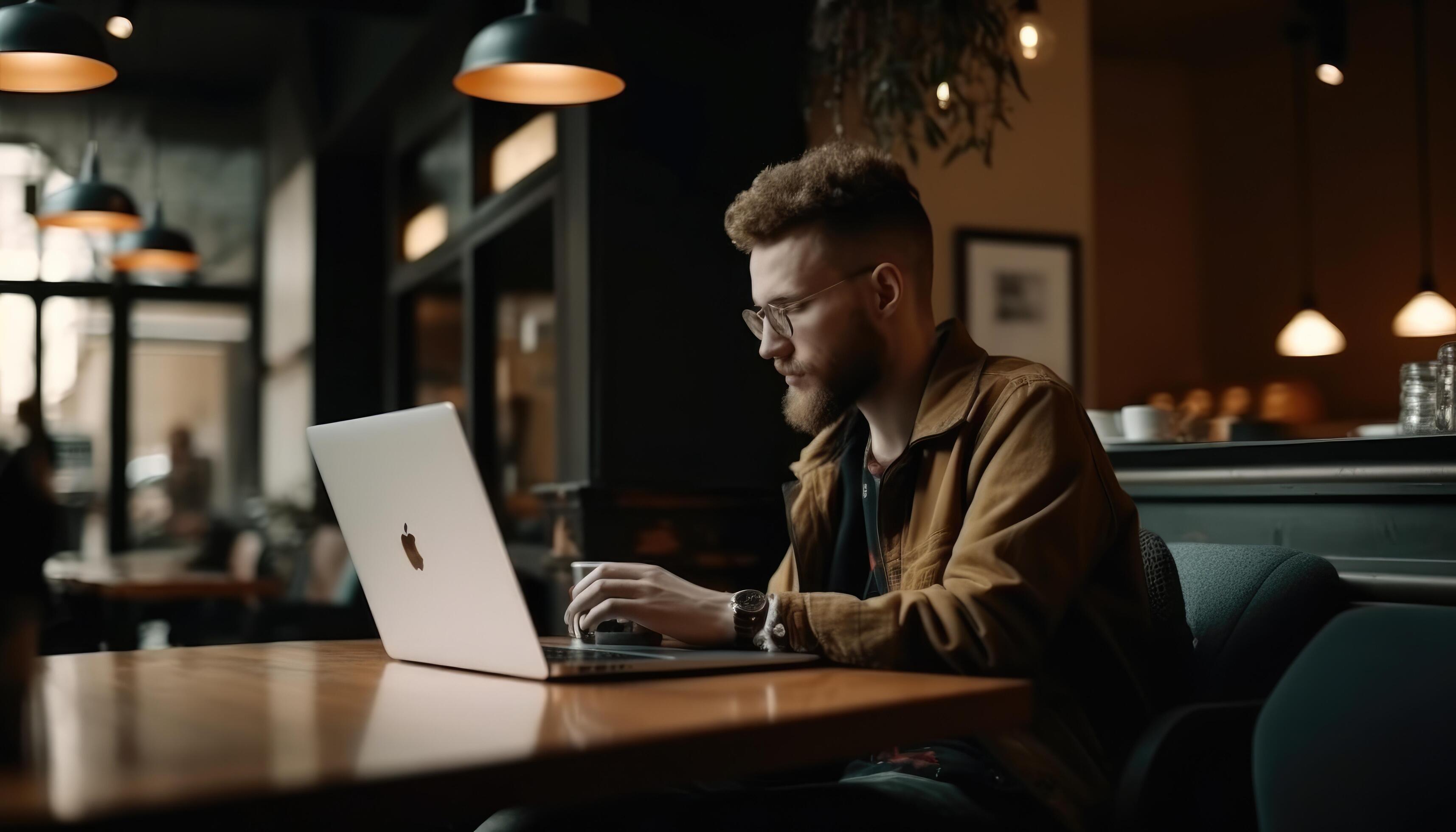 A business person working on a laptop at a coffee shop, promoting the ... A business person working on a laptop at a coffee shop, promoting the ...