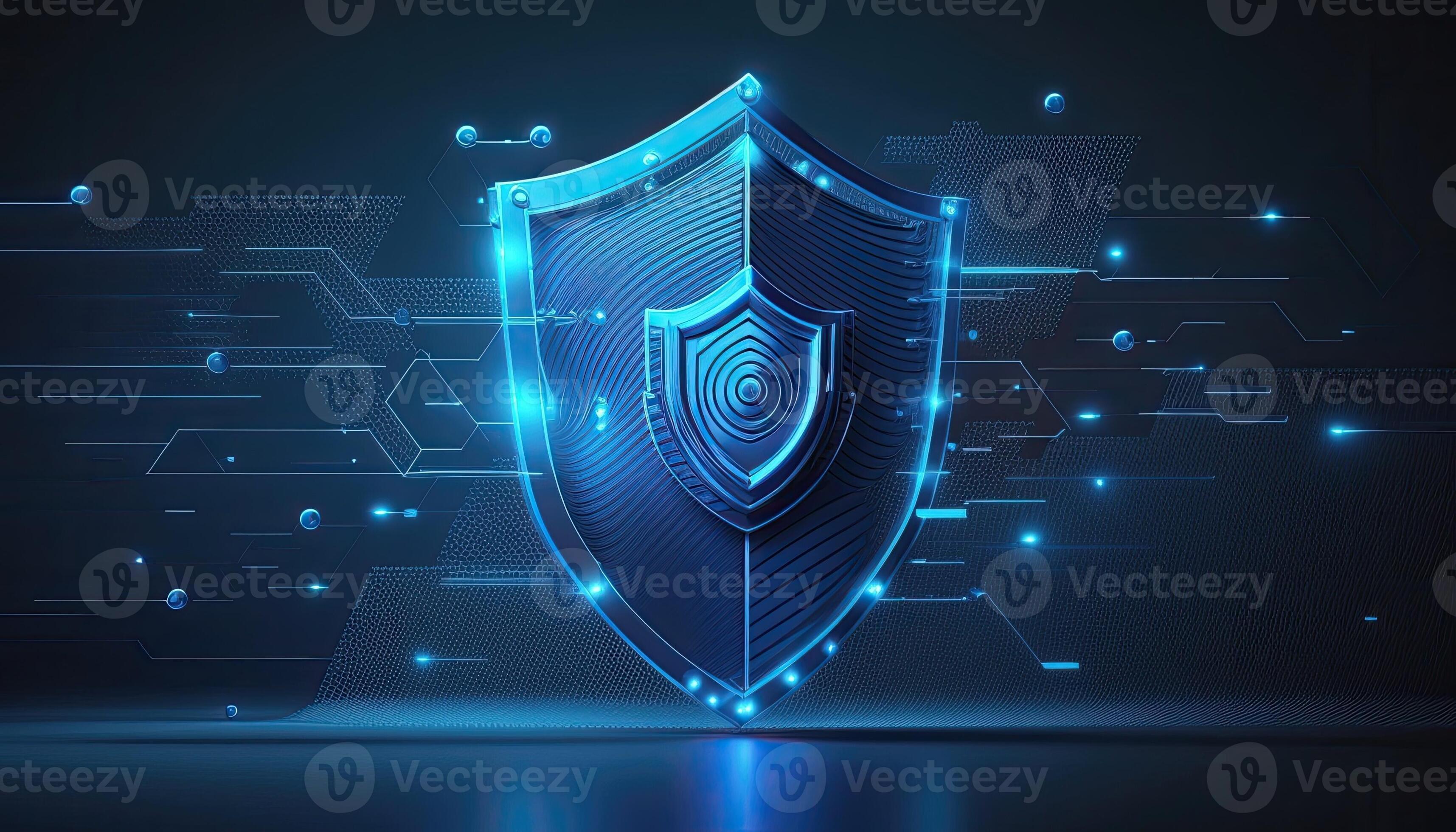 Cyber security digital data protection shield on blue background. Database security software ...