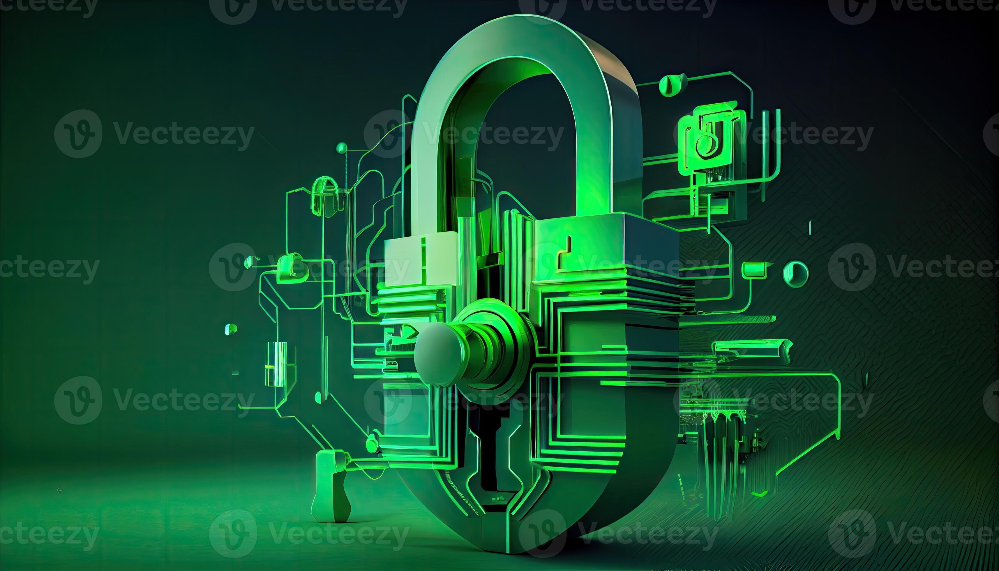 Cyber Security Digital Data Protection Lock On Green Background Database Security Software