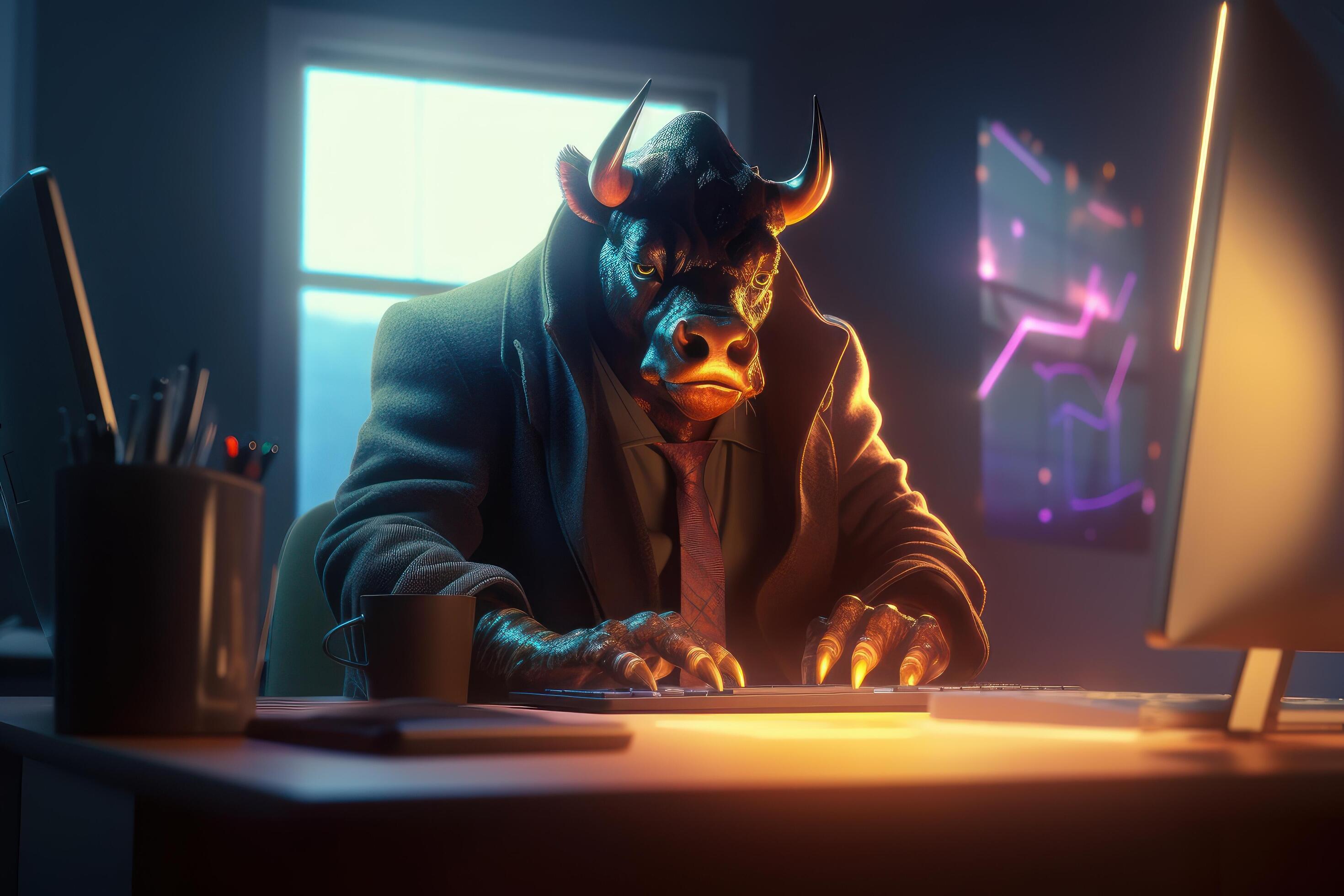 Bull Trading With Computer Background Bullish In Stock Market And