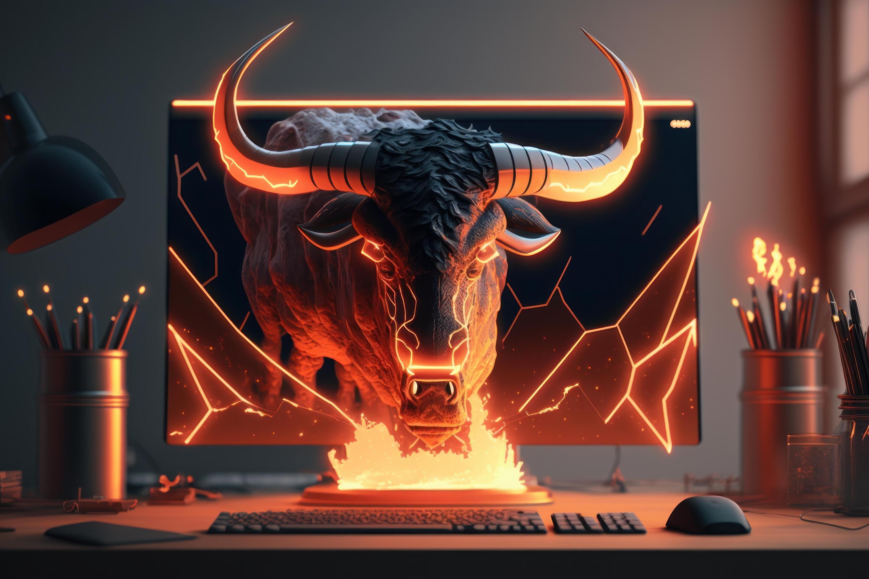 Fire sculpture of angry bull head in front of computer screen, Bullish divergence in Stock ...