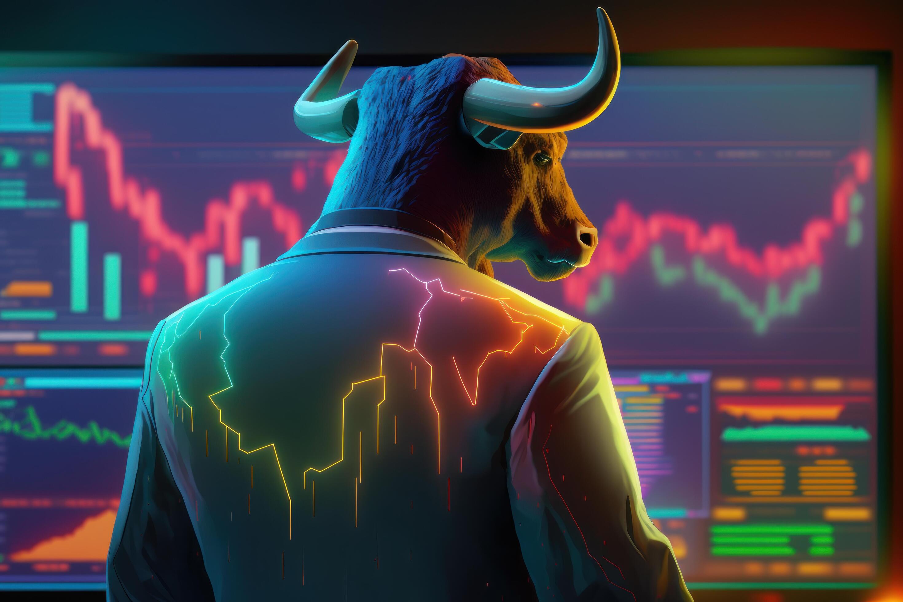 Bull Wearing Suit Working With Graph On Screen Bullish In Stock Market