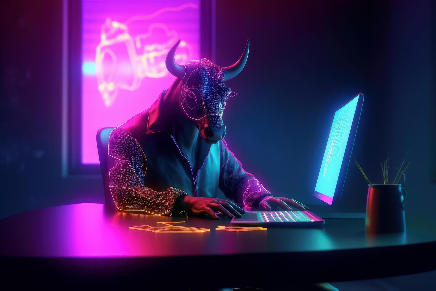 Bull Trading With Computer Background Bullish In Stock Market And