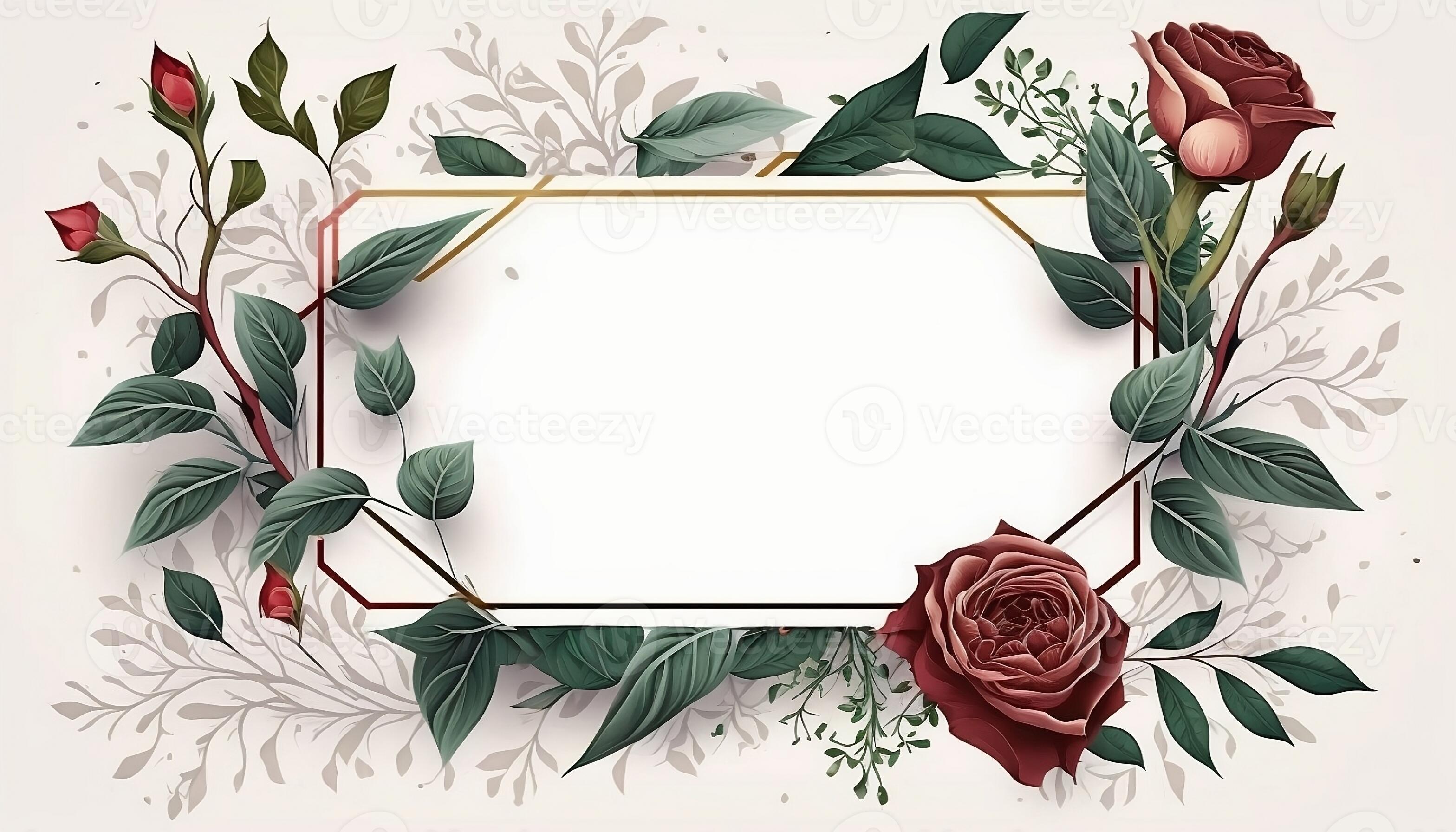 Rectangular Rose Flower Frame Surrounded With Twigs of Foliage in Aesthetic Style Background ...