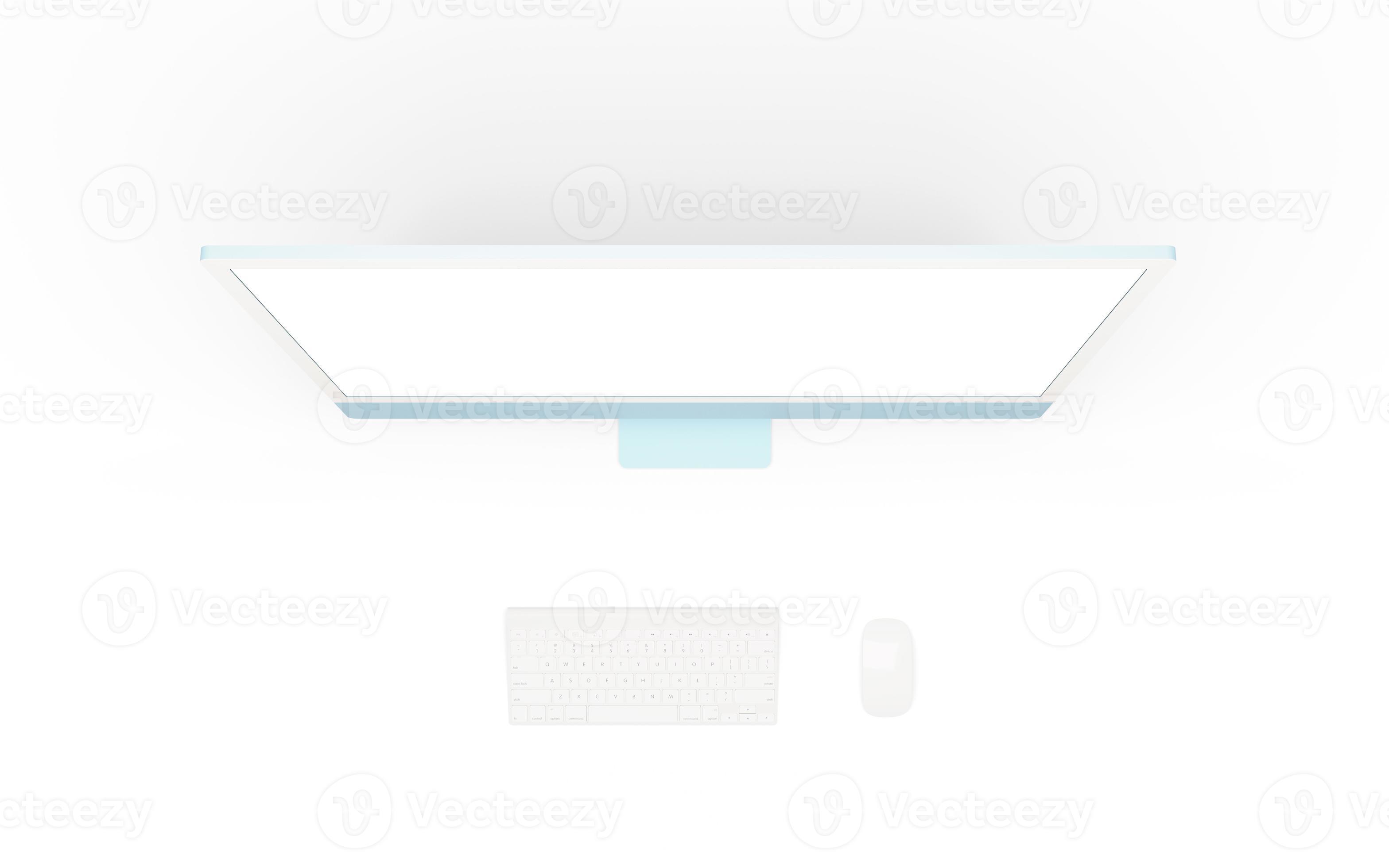 Computer display, keyboard and mouse view from above. Isolated screen for app or web page ...