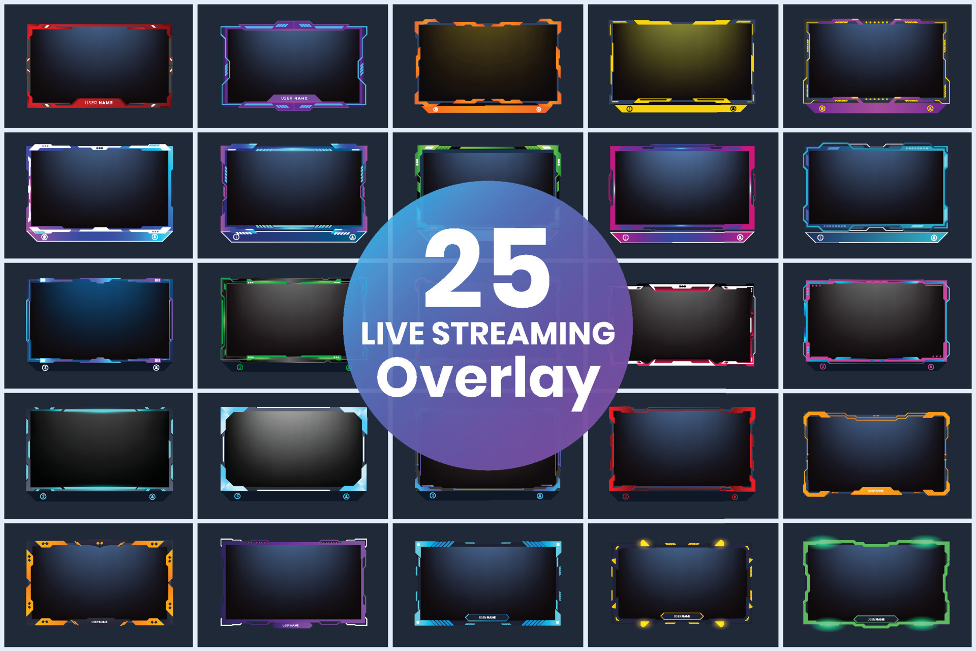 Live streaming overlay bundle design with futuristic neon effects. Modern live streaming screen ...