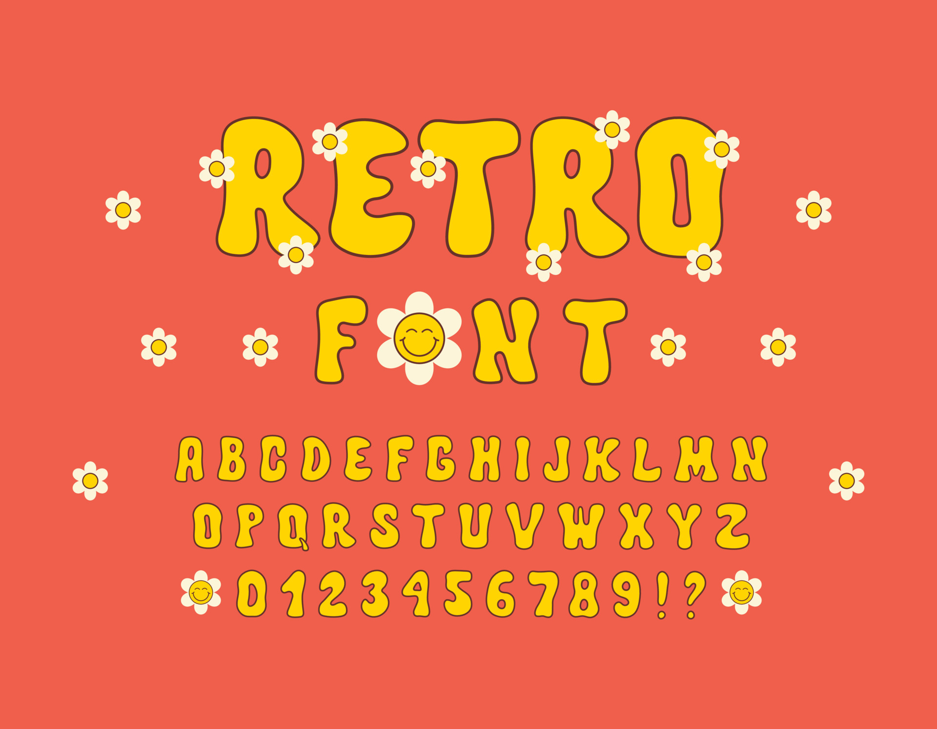 Hippie hand drawn font in style retro 60s, 70s. Trendy psychedelic alphabet. Vector cartoon ...