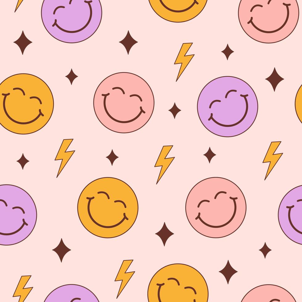 Groovy seamless pattern with smiling faces on a pastel background ...