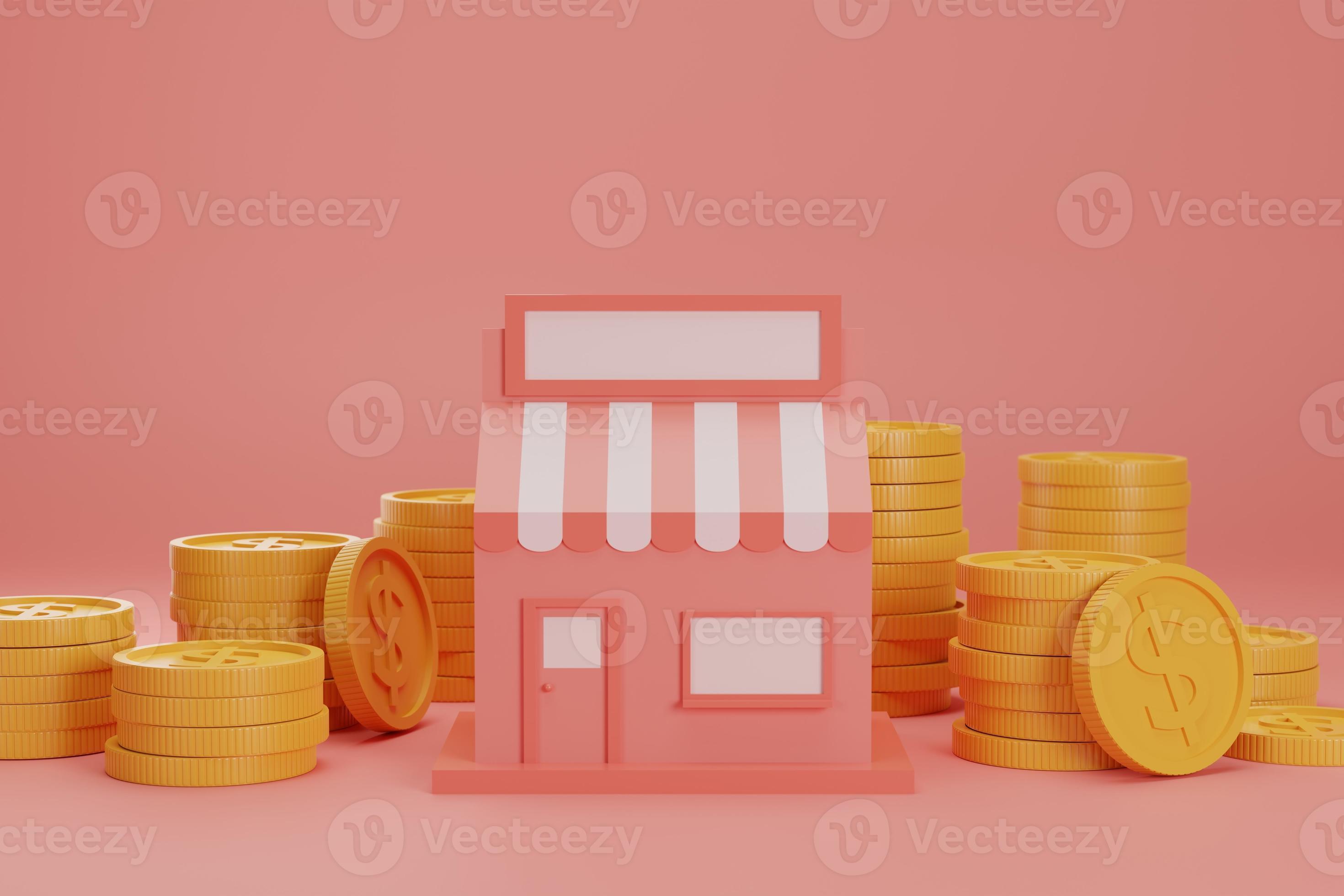 3d render gold coins stacking around shop retail store in the middle ...