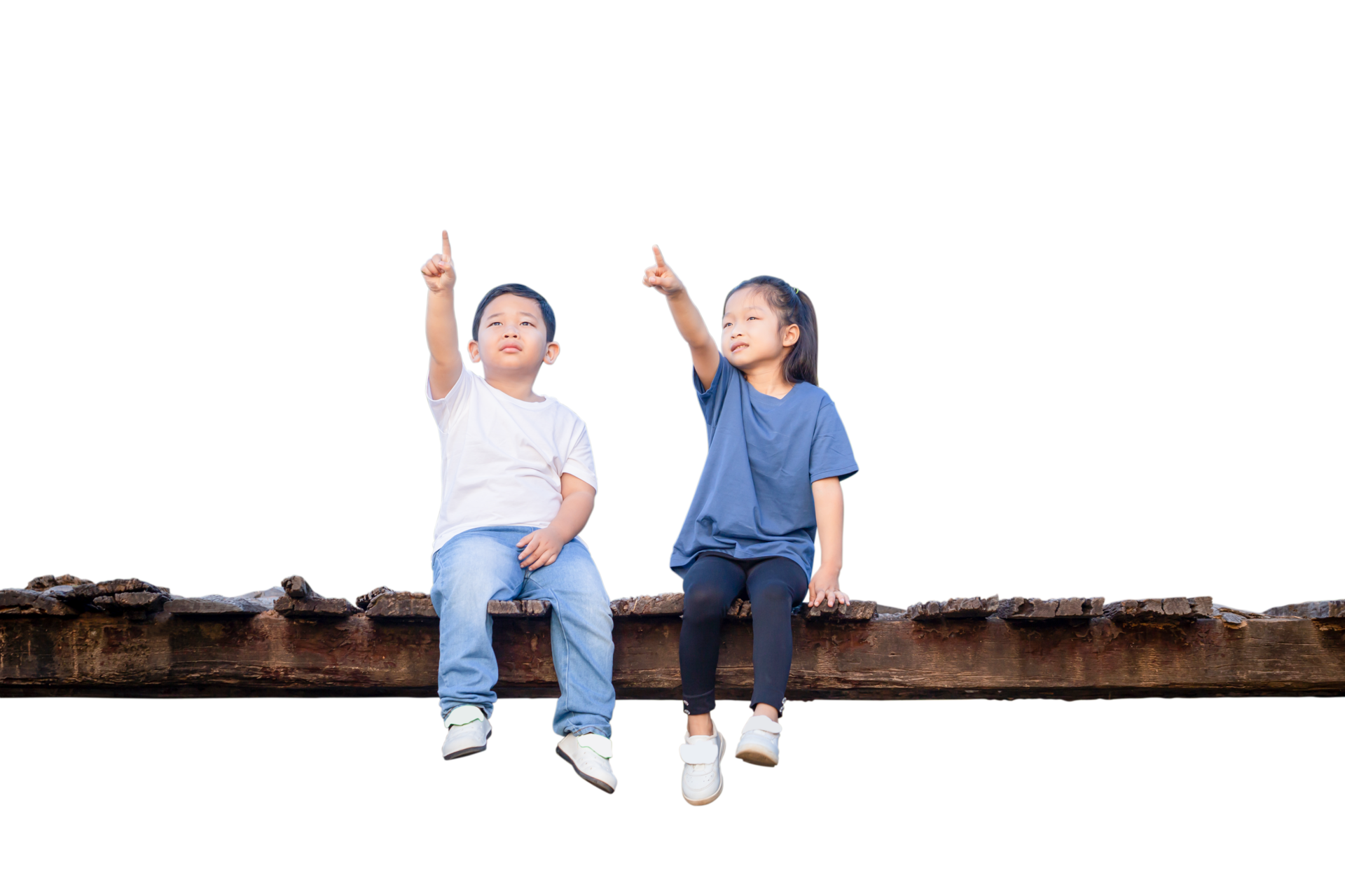 Children sitting on wooden bridge, Happy kids boy and girl having fun outdoor, brother and ...