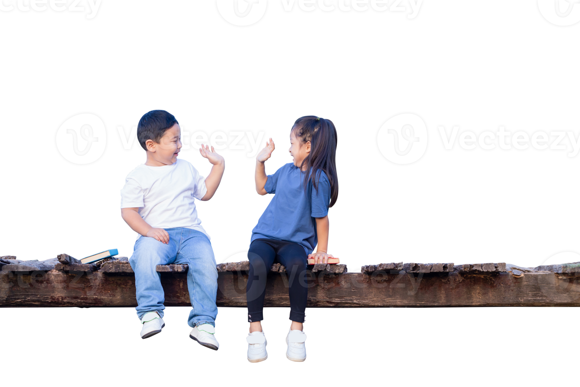 Children sitting on wooden bridge, Happy kids boy and girl having fun ...