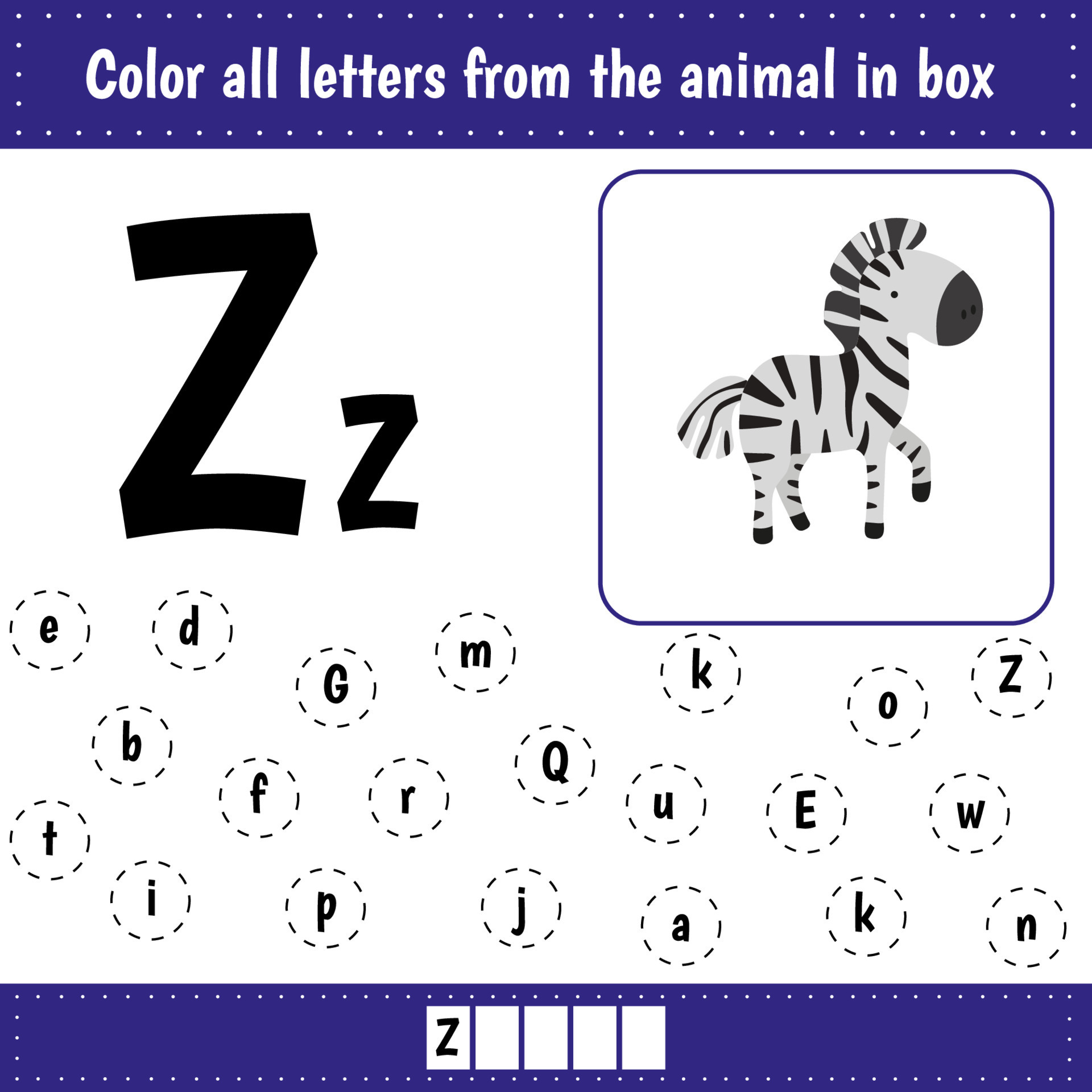Learning English alphabet. Letters recognition. Color all letters Zz. Educational worksheet for ...
