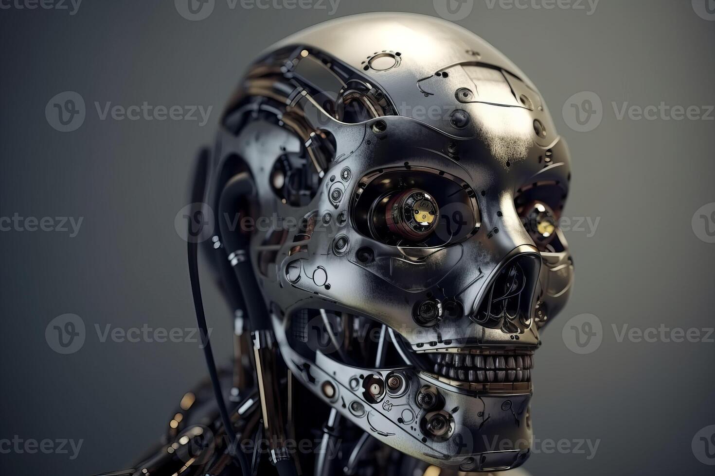 Artificial steel robot head with cyber face. Digital futuristic fiction ...