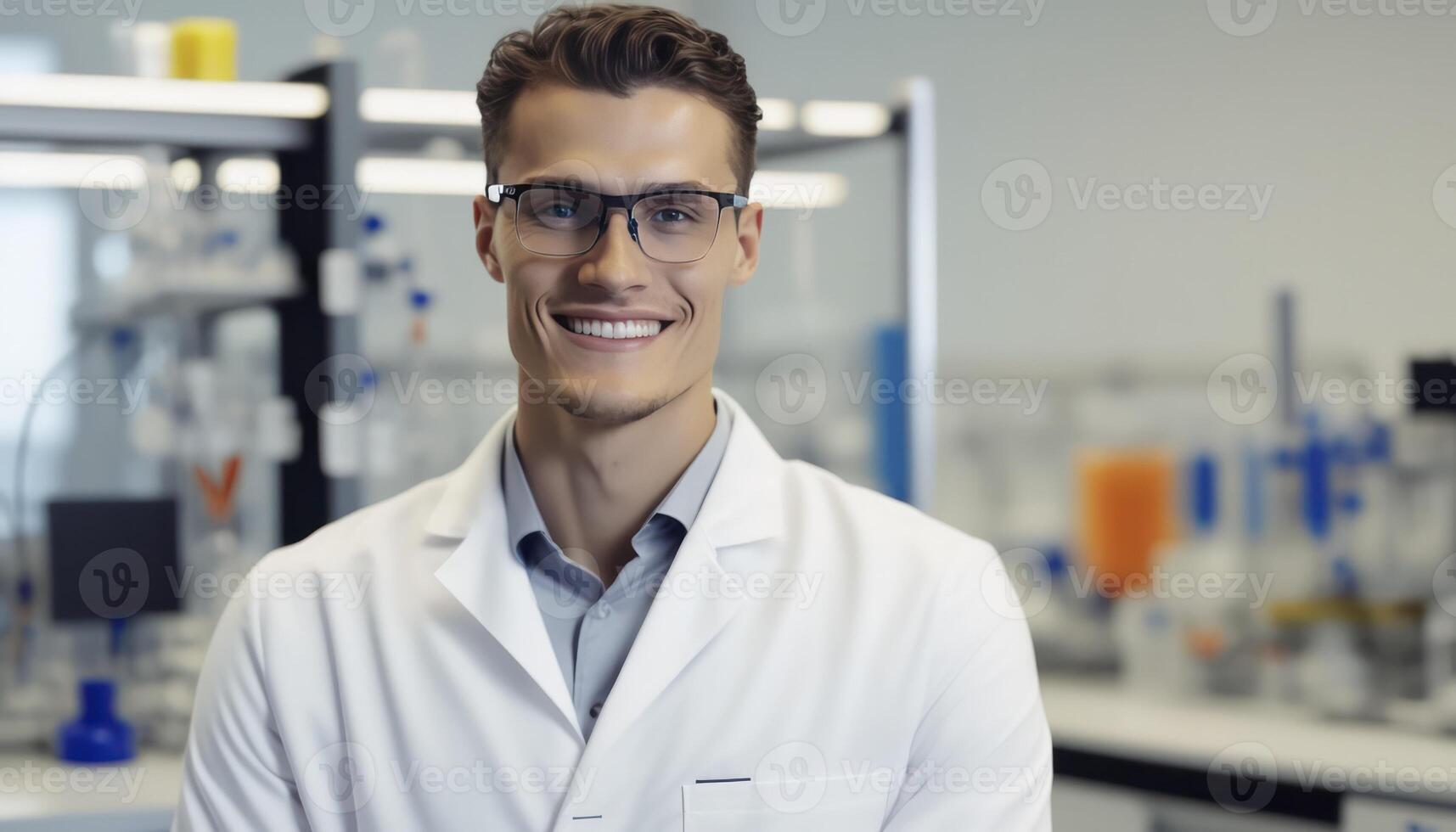 a beautiful smiling young male scientist in front of a blurry white laboratory background ...