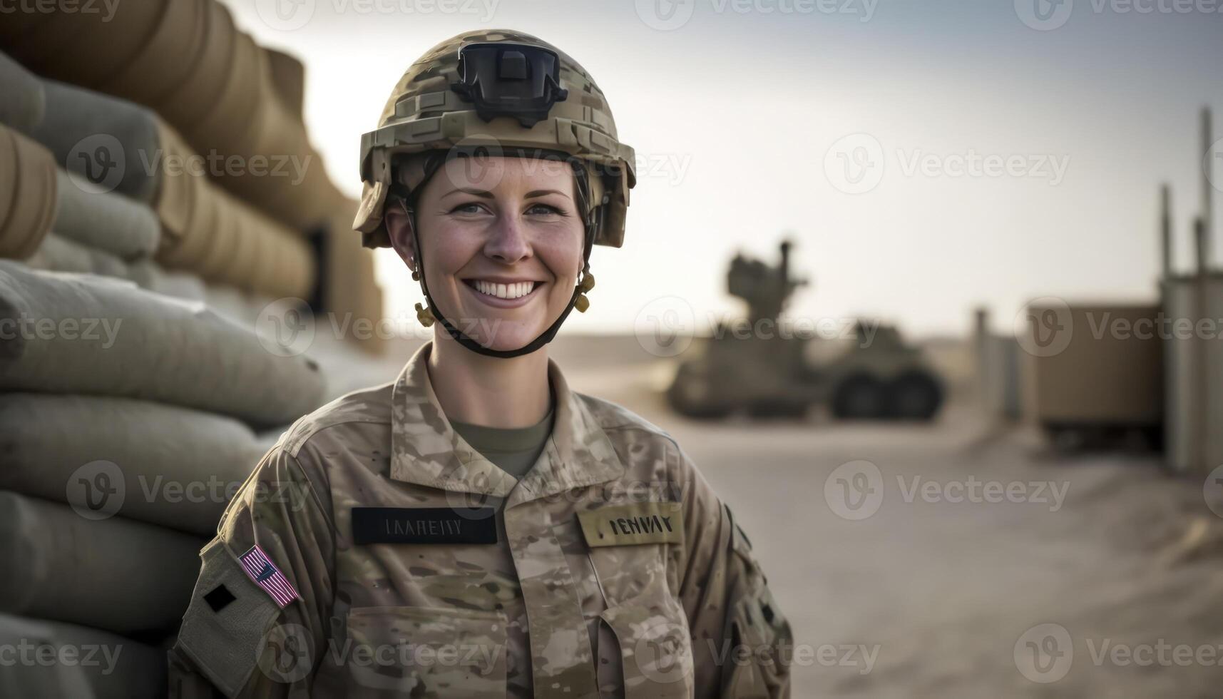 A Beautiful Smiling Young Female Soldier In Front Of A Blurry Millitary Base Background 22396719