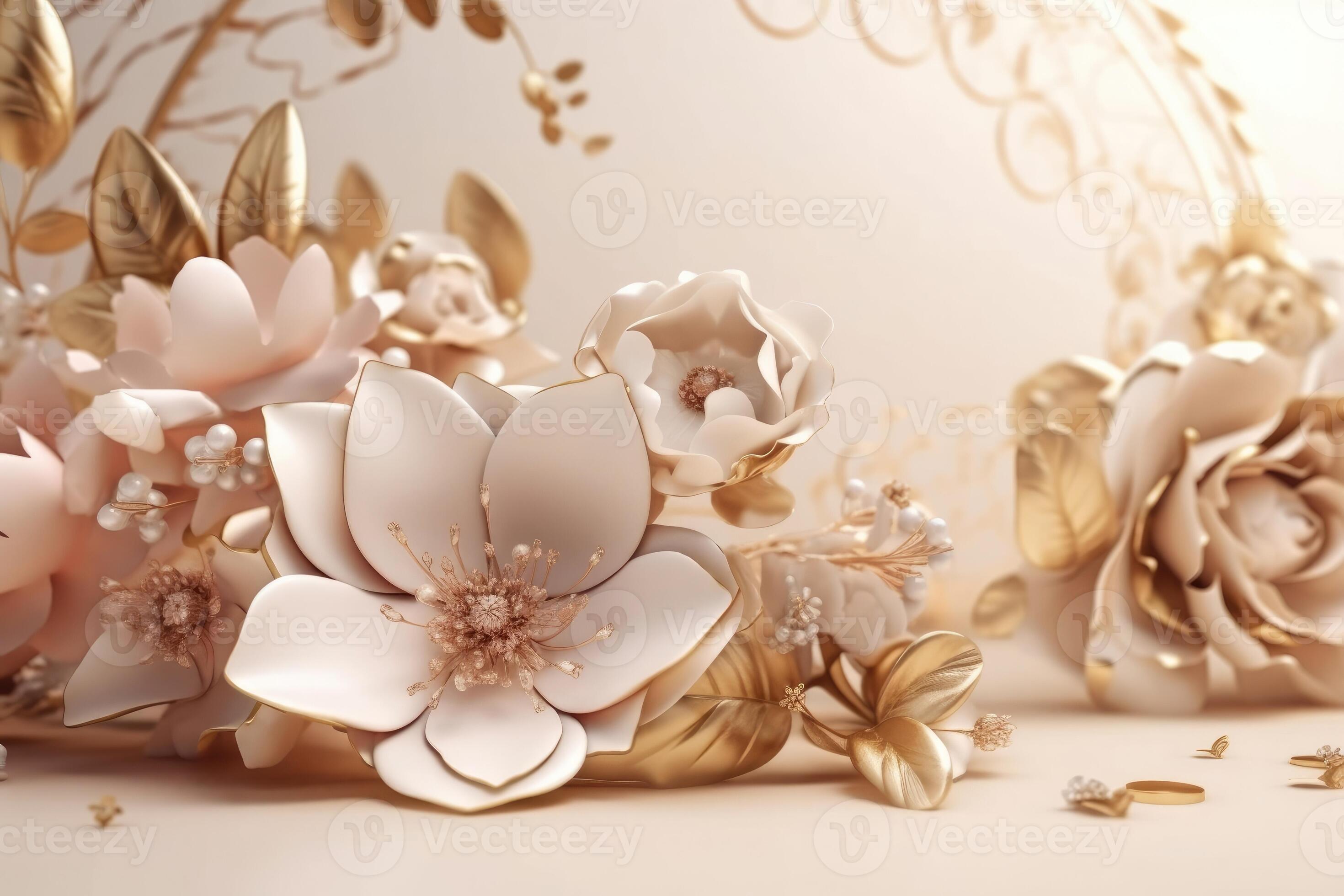 A beautiful wedding background with flowers and gold ornaments on a ... A beautiful wedding background with flowers and gold ornaments on a ...