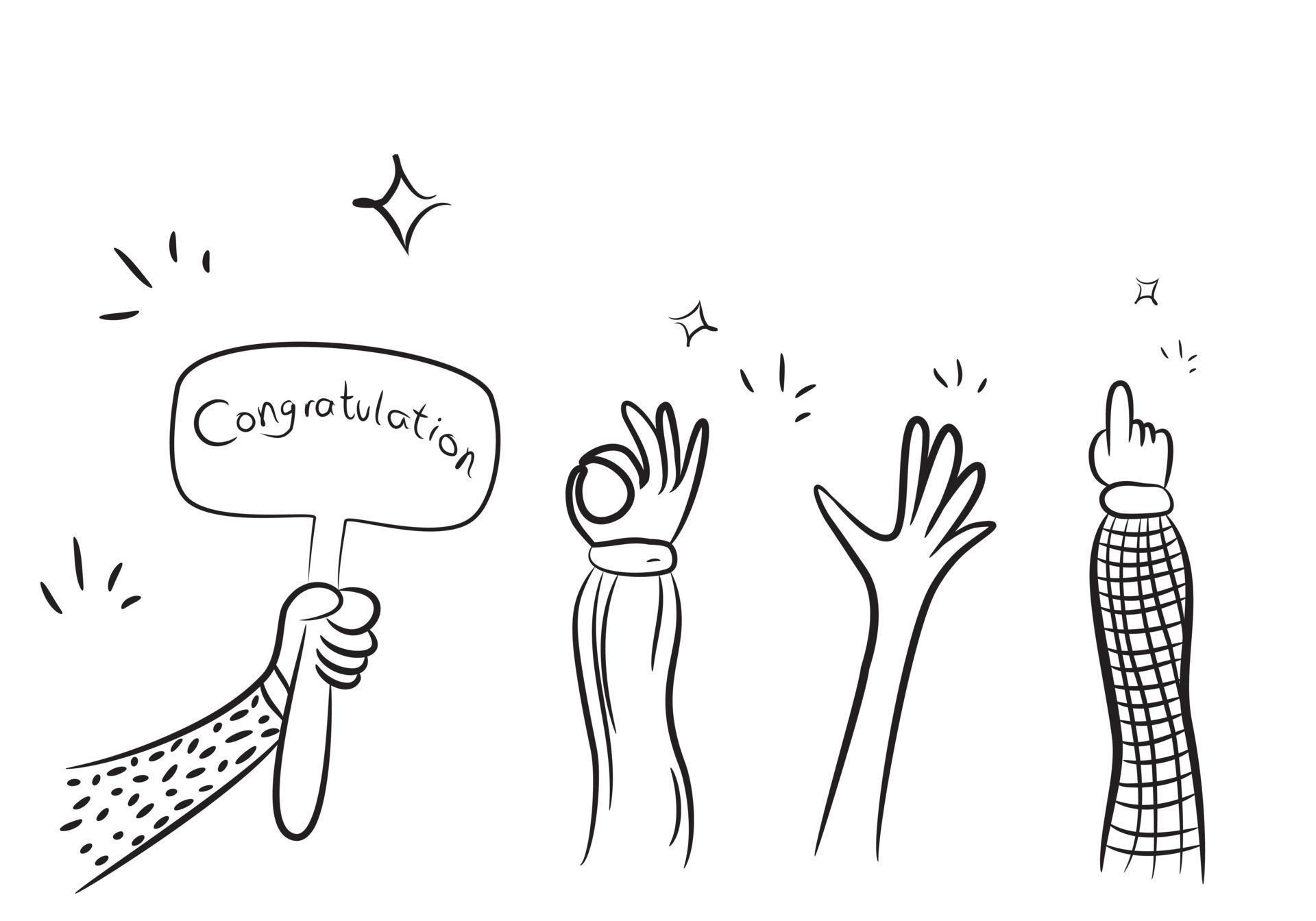 Doodle thumbs up. Applause and cheer congratulations, teamwork vector illustration, hand sketch ...