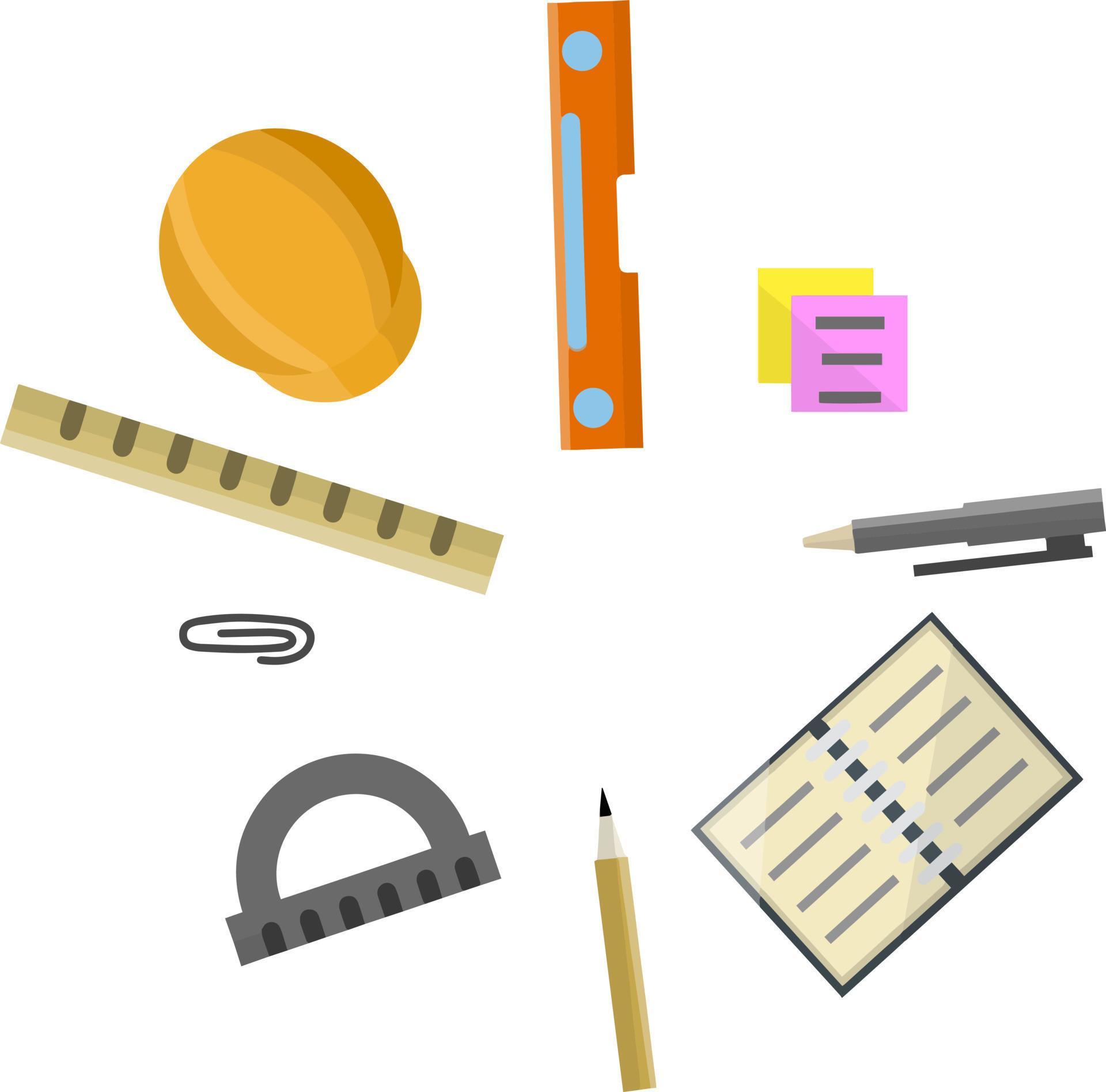 Set of school tools. Notepad, pen and protractor. Technical education ...