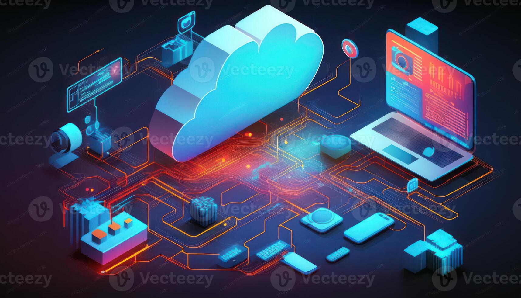 Cloud technology. Cloud computing. Devices connected to digital storage in data center. AI ...