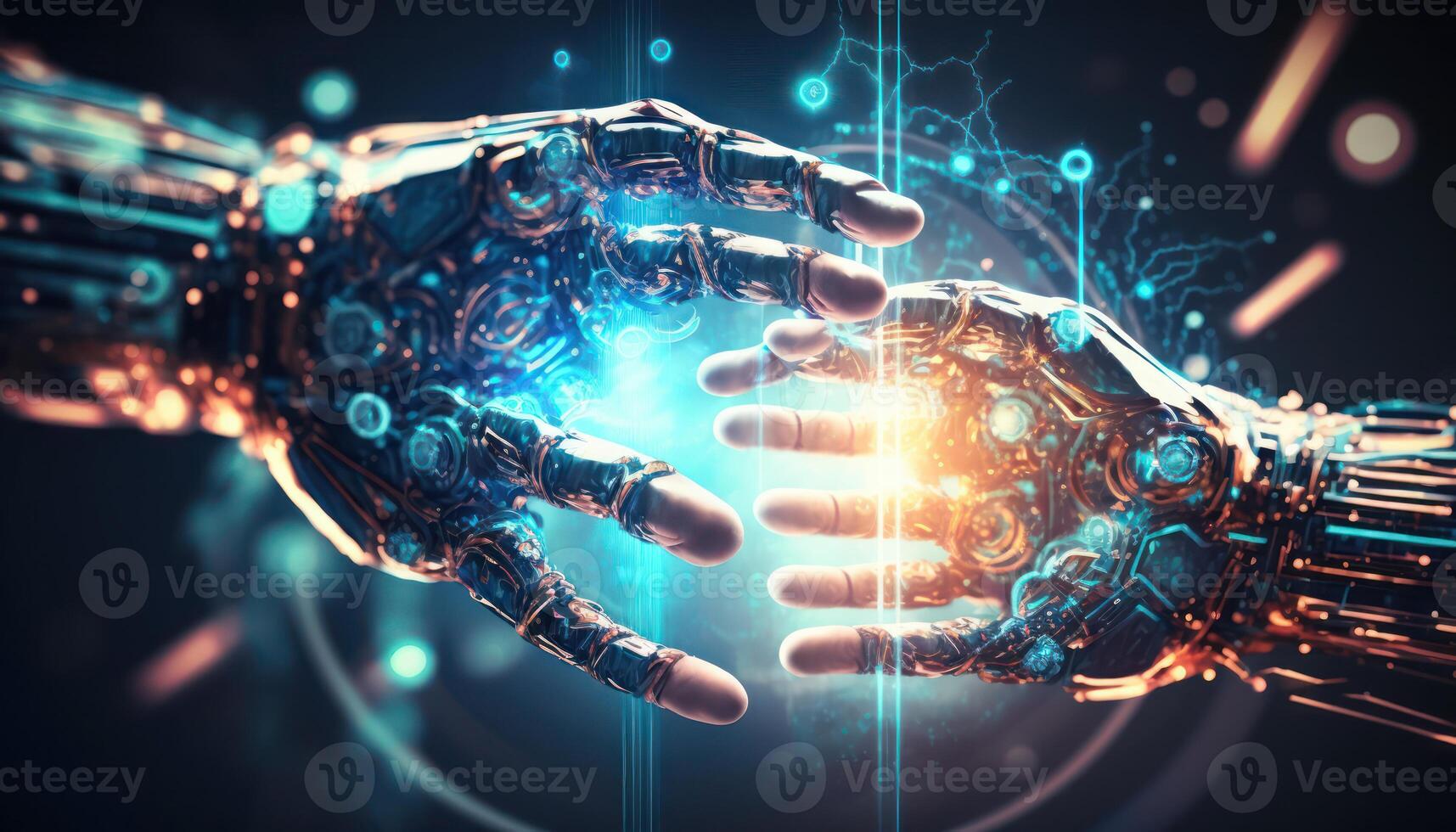 AI, Machine learning, Hands of robot and human touching on big data ...