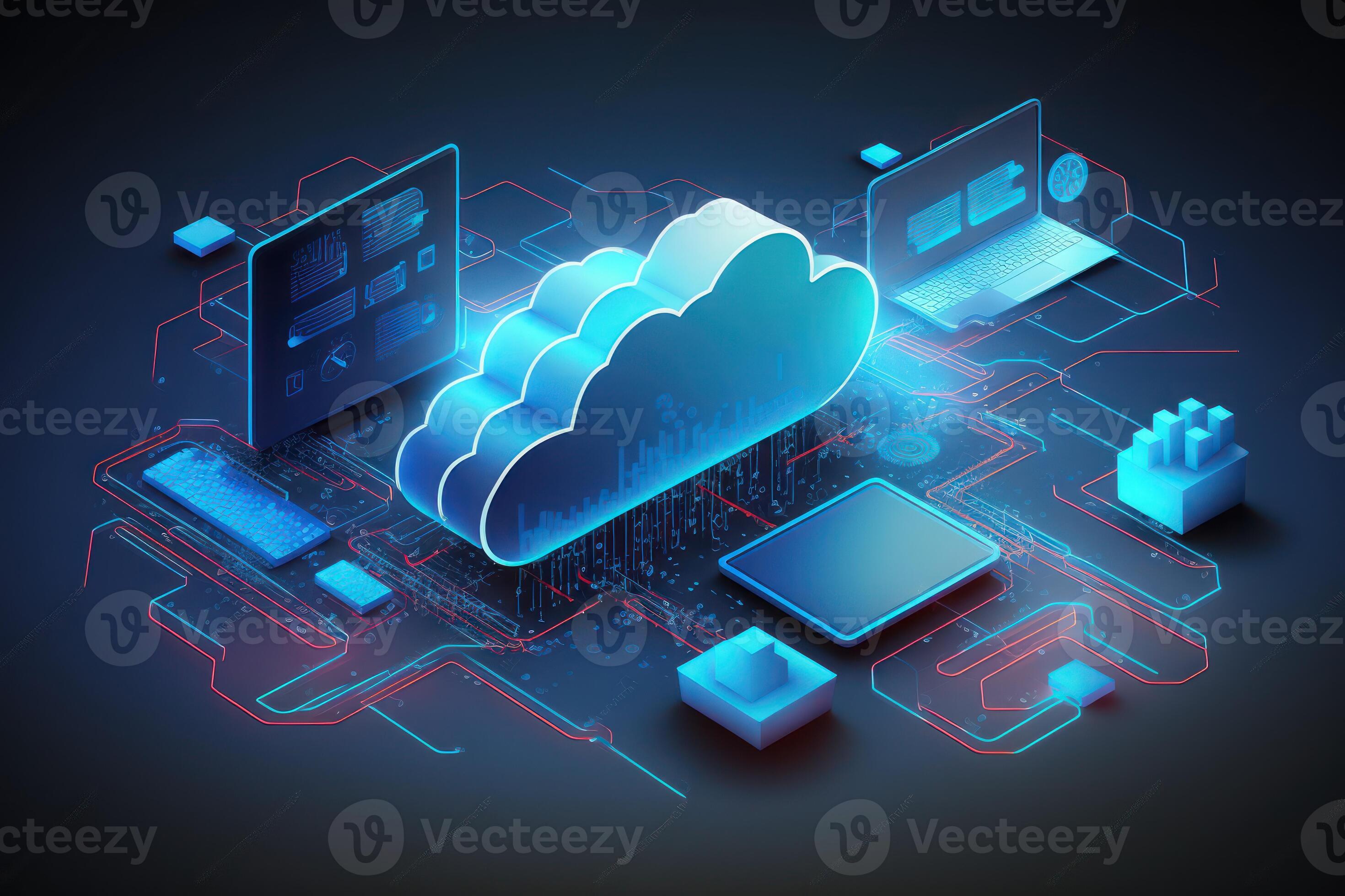 Cloud technology. Cloud computing. Devices connected to digital storage ...