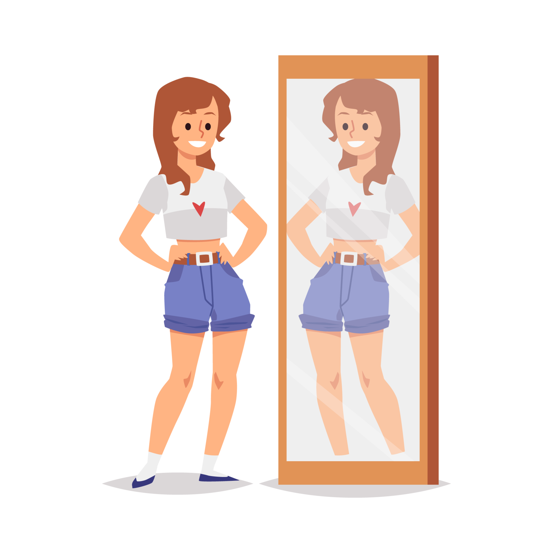 Smiling Positive Girl Looks At Her Reflection In The Mirror And Self