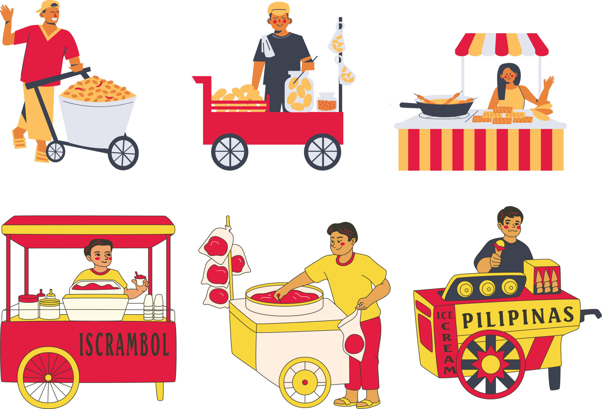 Street food cart and people vector illustration set. Street food stall ... Street food cart and people vector illustration set. Street food stall ...