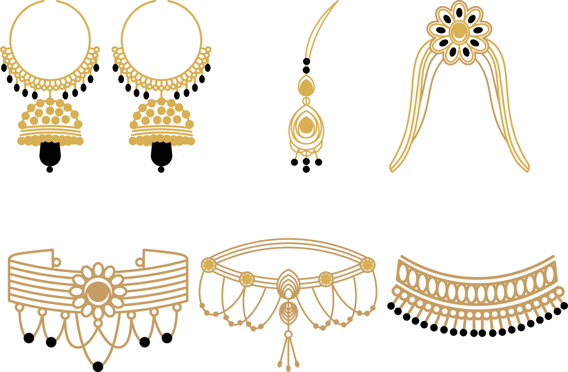 Set Of Gold Jewelry Necklaces And Earrings Vector Illustration