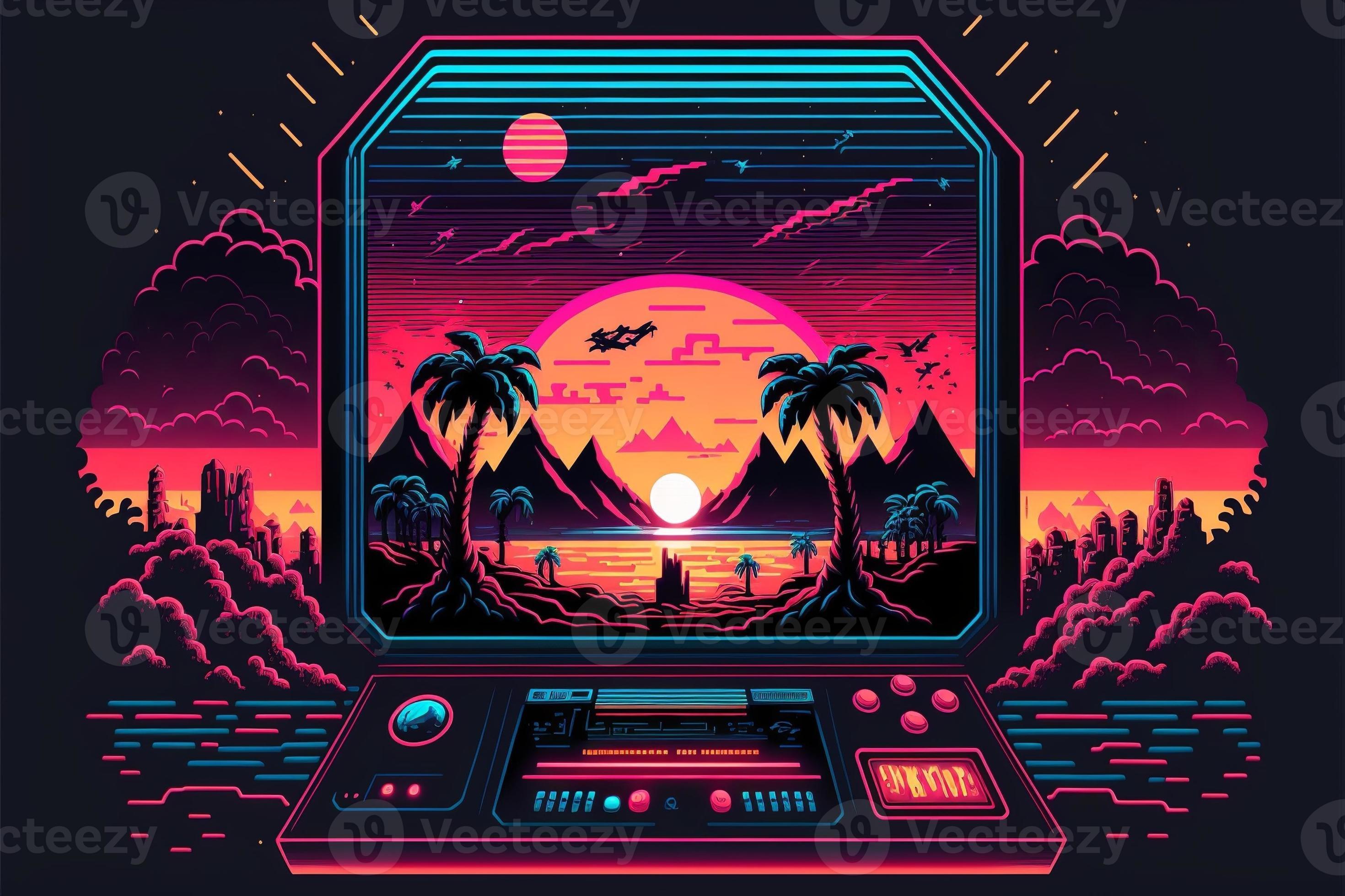 Old video game console with landscape in the background, 16 bit pixel art. Digital illustration ...