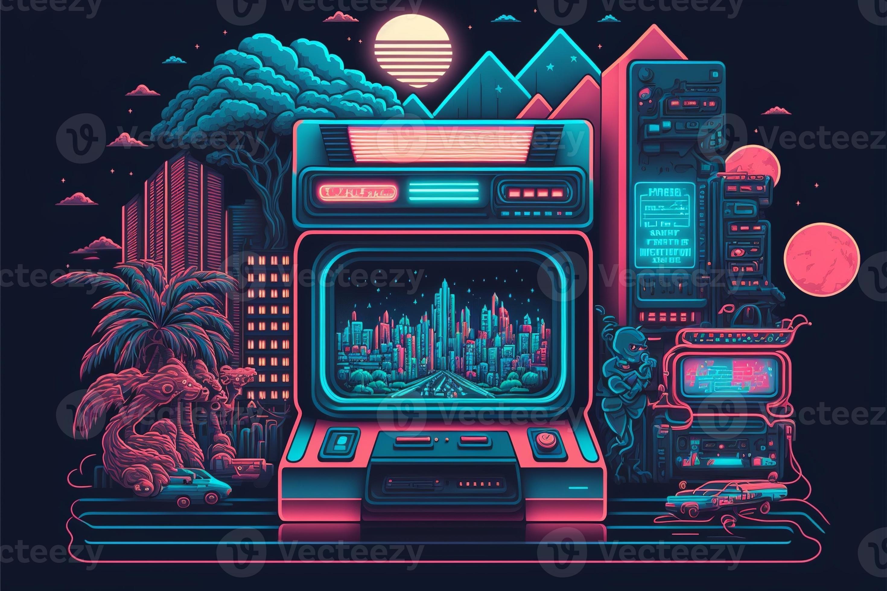 Old video game console with landscape in the background, 16 bit pixel art. Digital illustration ...