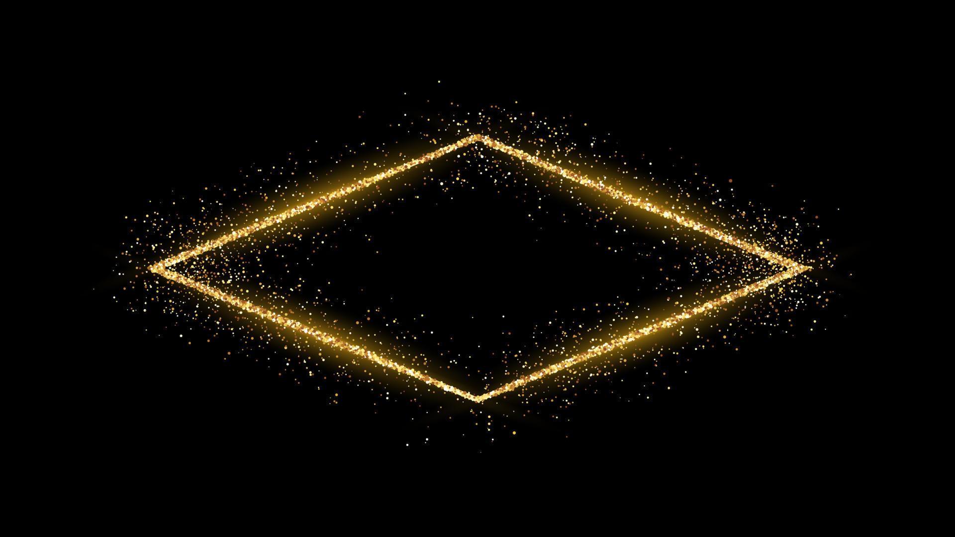 Golden rhombus frame with glitter, sparkles and flares on dark background. Empty luxury backdrop ...