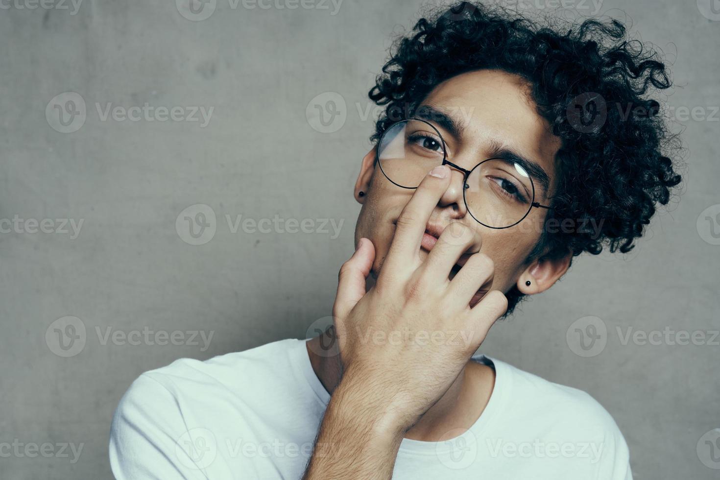 man with curly hair cropped look glasses fashion studio 22450055 Stock ...