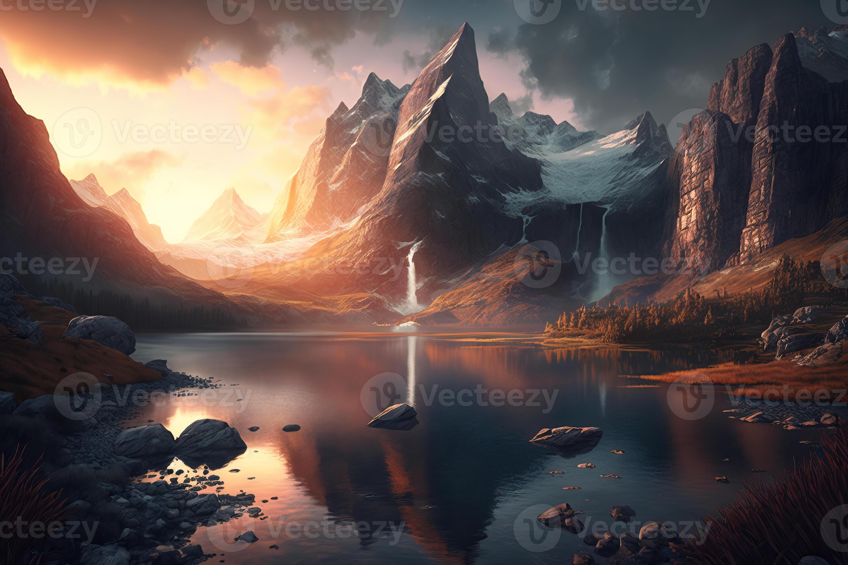 Fantasy art of mountain valley with lake, perfect spring sunset ... Fantasy art of mountain valley with lake, perfect spring sunset ...