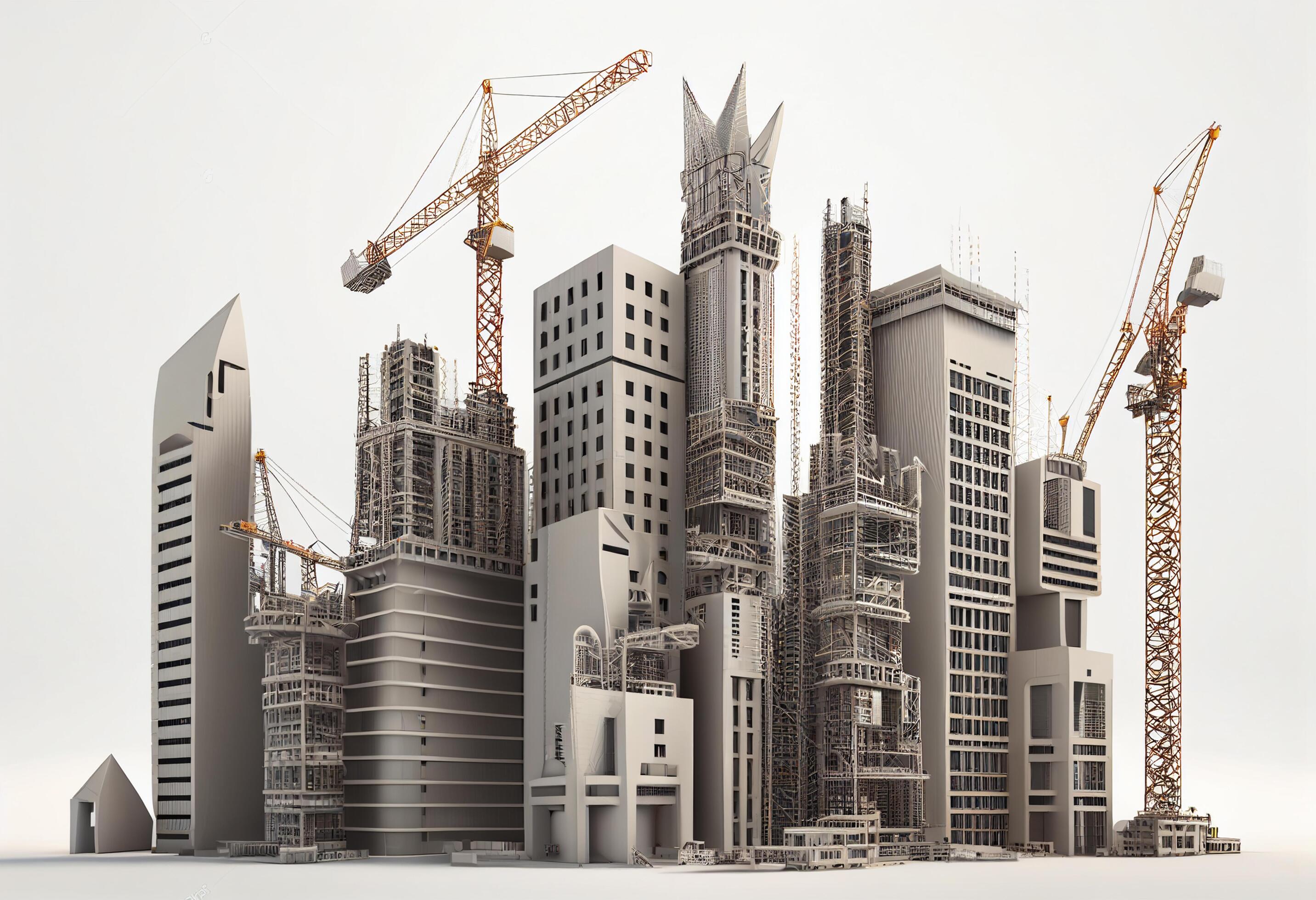 Construction site with cranes and building materials. 3d rendering ...