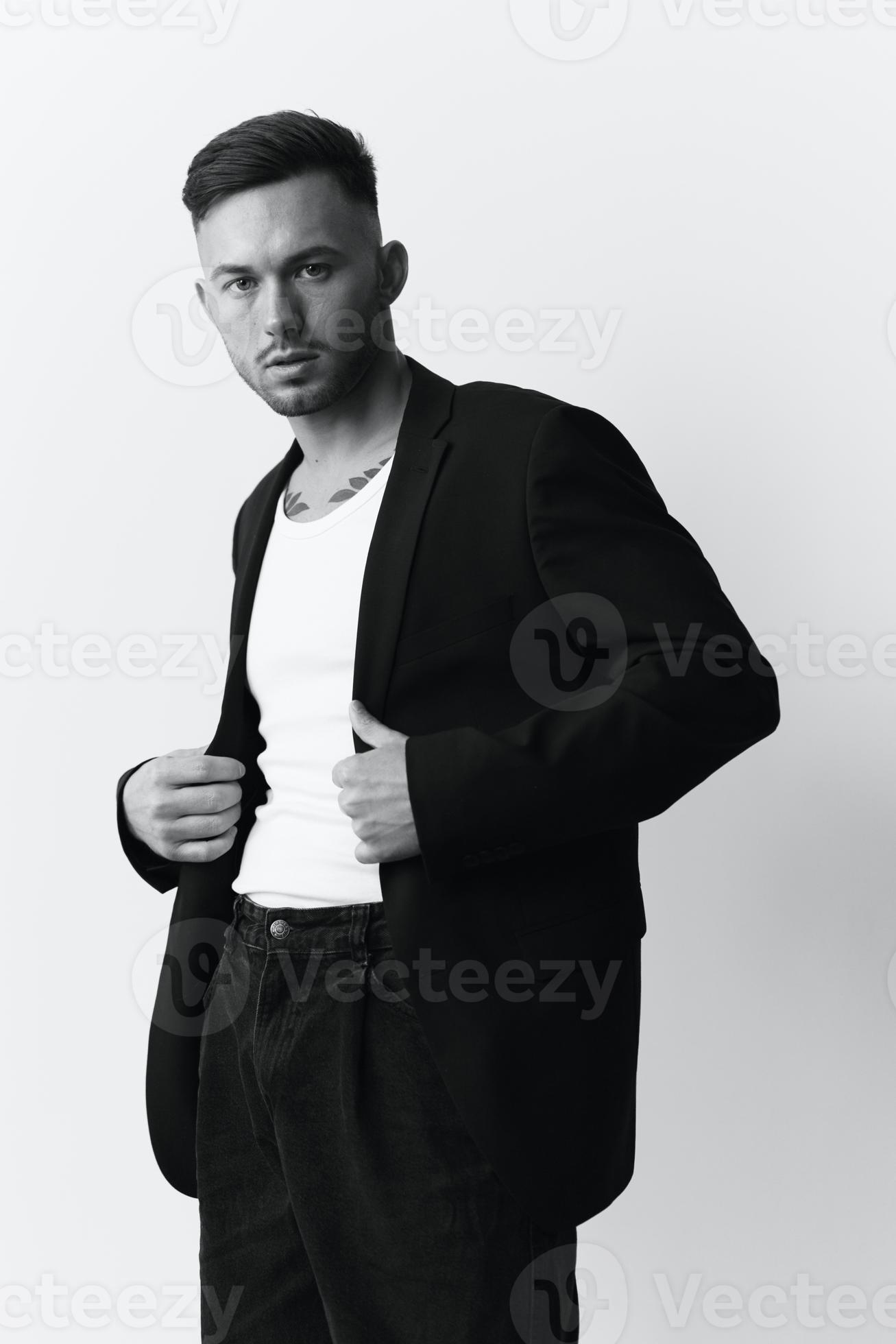 Modelling snapshots. Serious self-confident attractive handsome man in ...