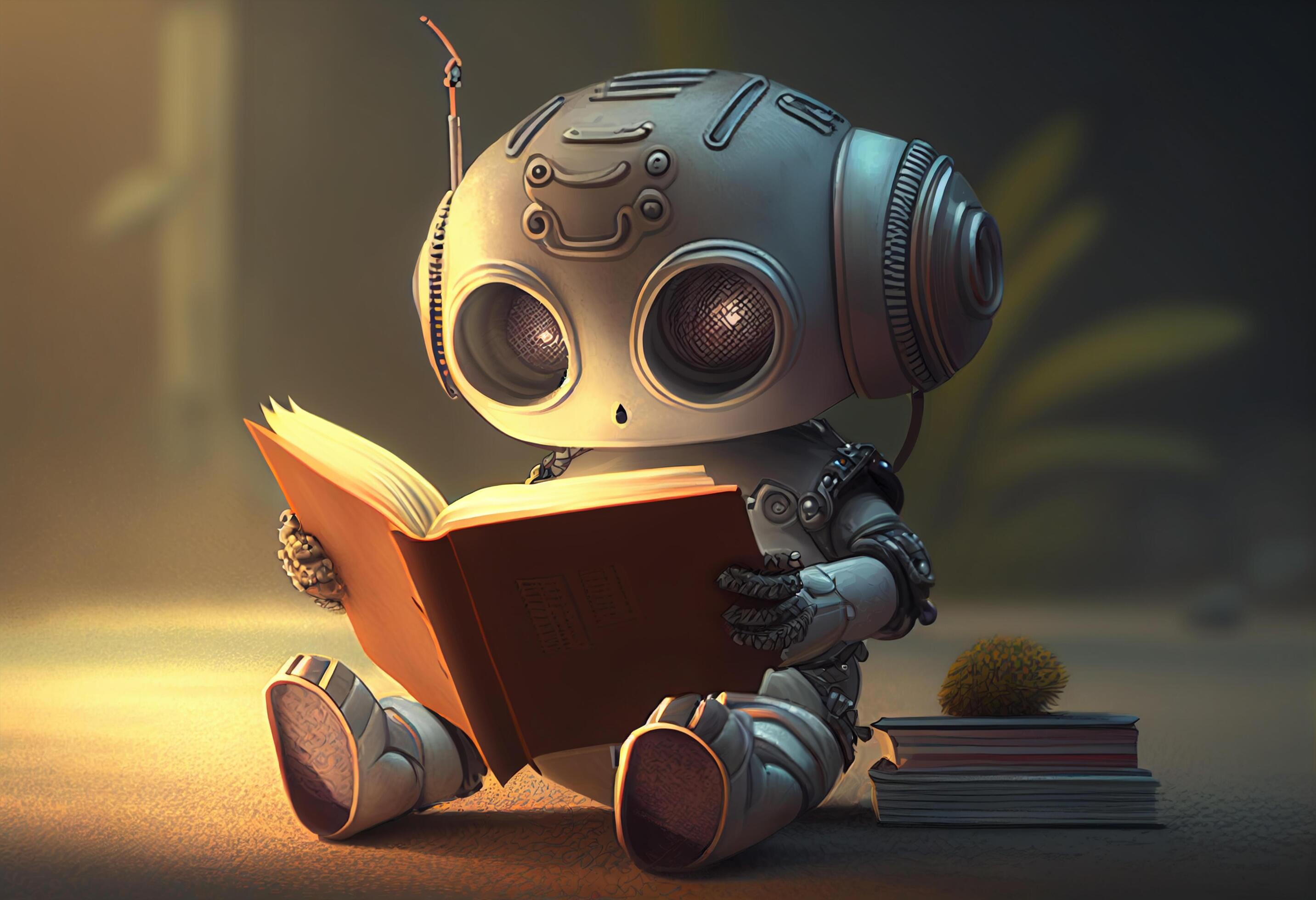 3D rendering of a little robot reading a book in a dark room 22454669 ...
