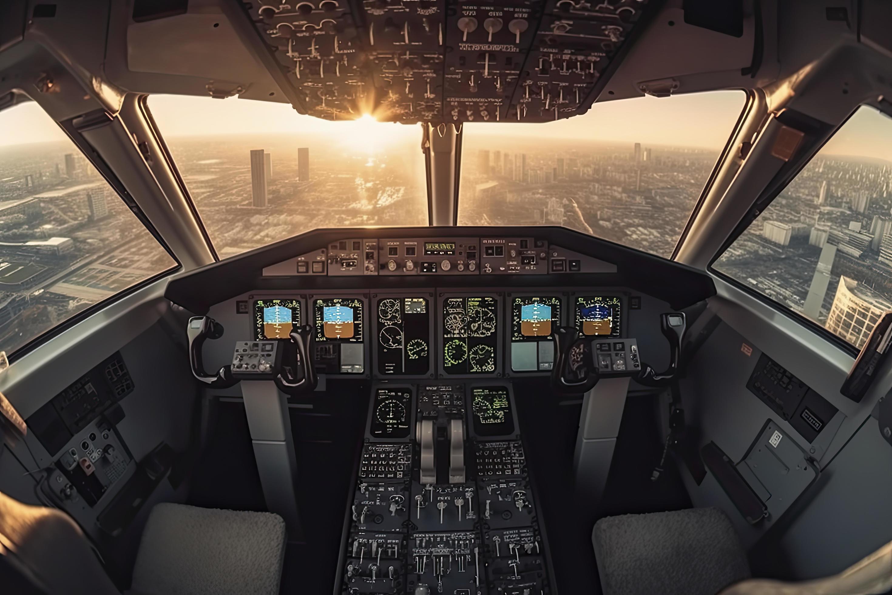 Cockpit Of Modern Passenger Jet Aircraft Pilots At Work Aerial View Of Modern City Business