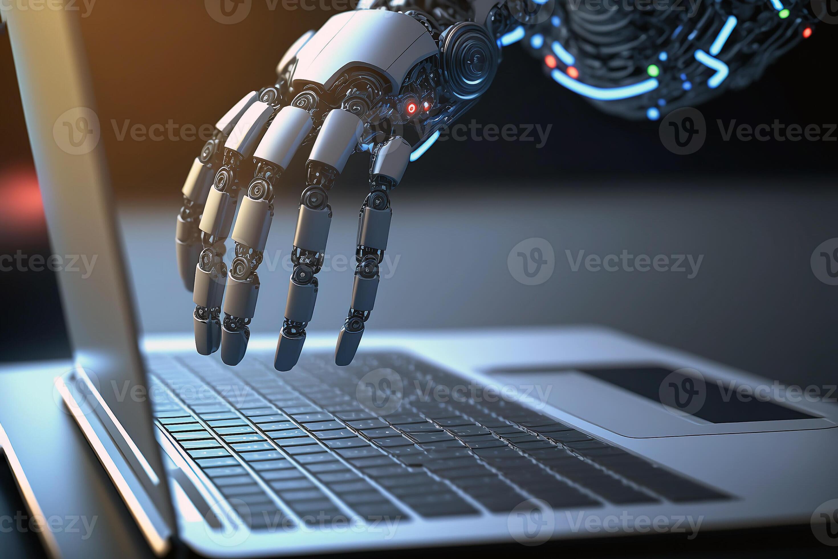 Futuristic Cyber hand using laptop and typing keyboard. Technology in future. Writing ...