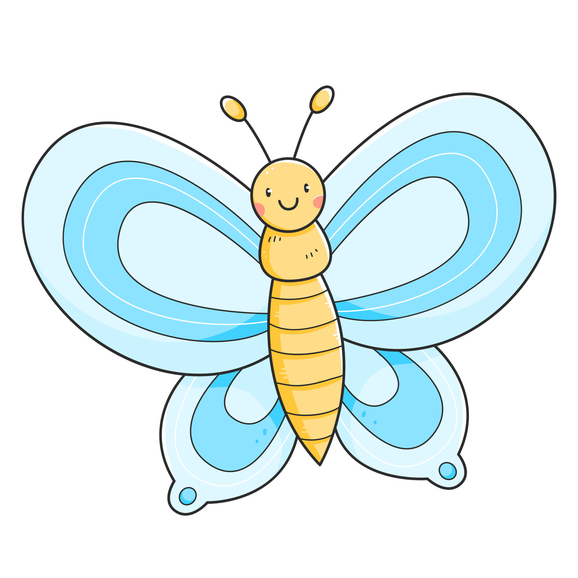 Blue Butterfly In A Cute Doodle Style Butterfly Character Isolated On A White Background