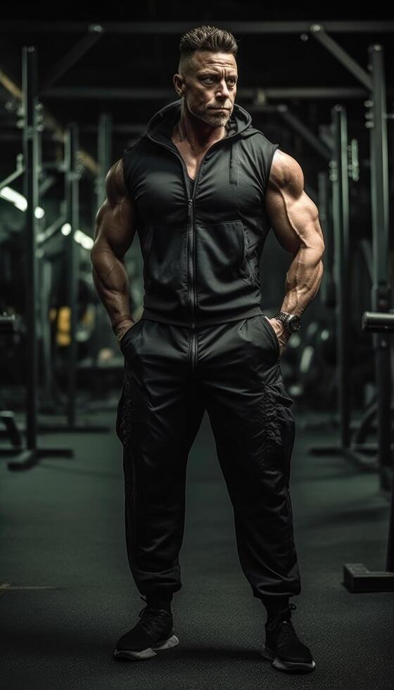 Muscular Bodybuilder Male Athlete Demonstrates Her Body In The Gym