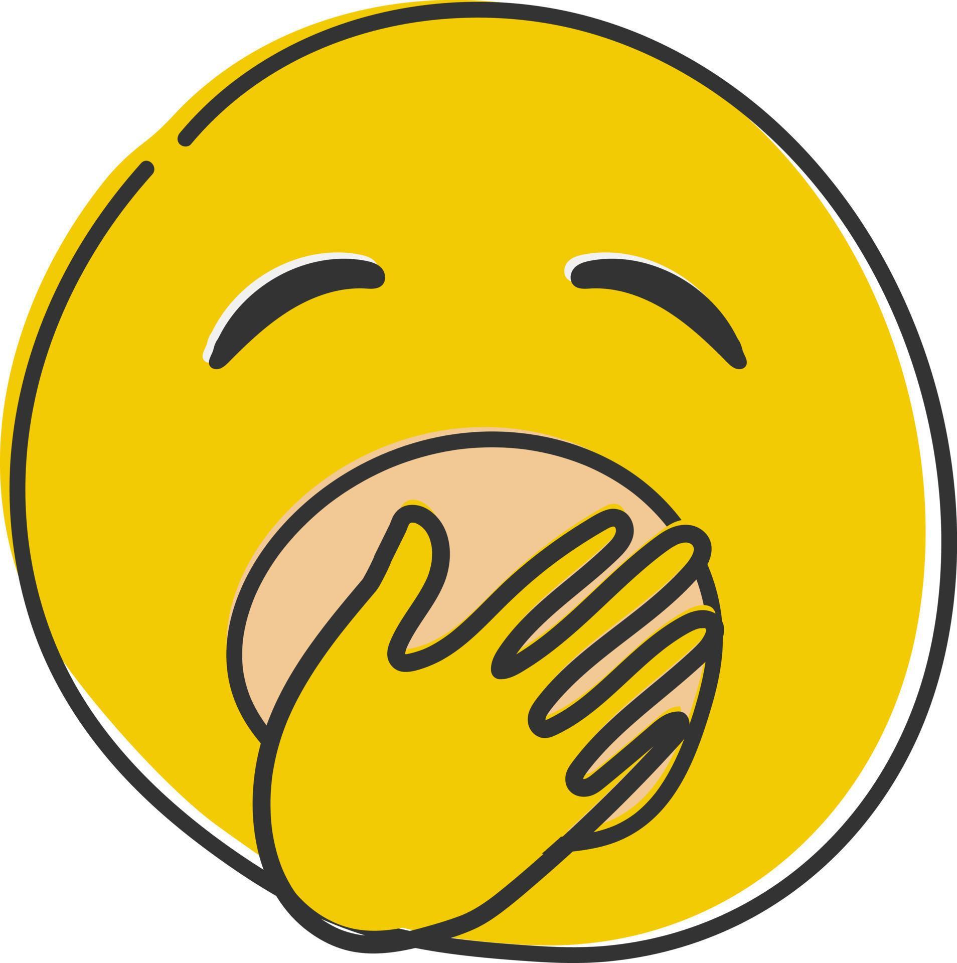 Yawning emoji. Bored or sleepy emoticon, yellow boredom face with mouth covered by hand. Hand ...