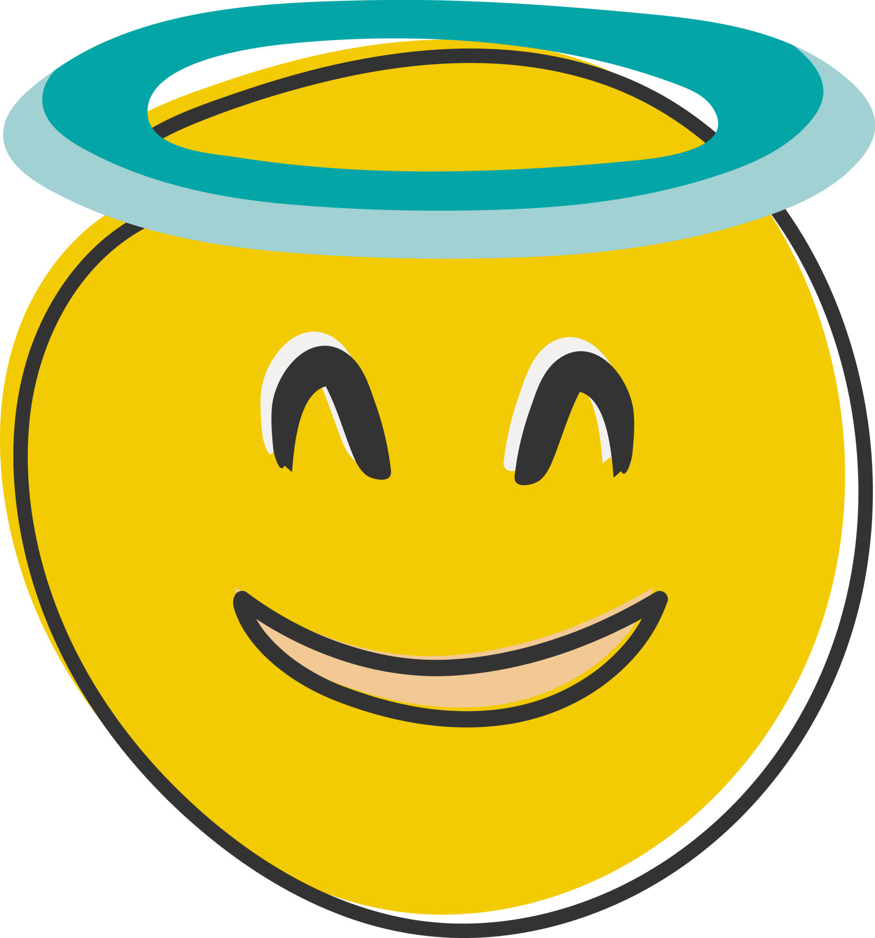Cute smiley face with little halo over head, halo emoji icon. Hand drawn, flat style emoticon ...