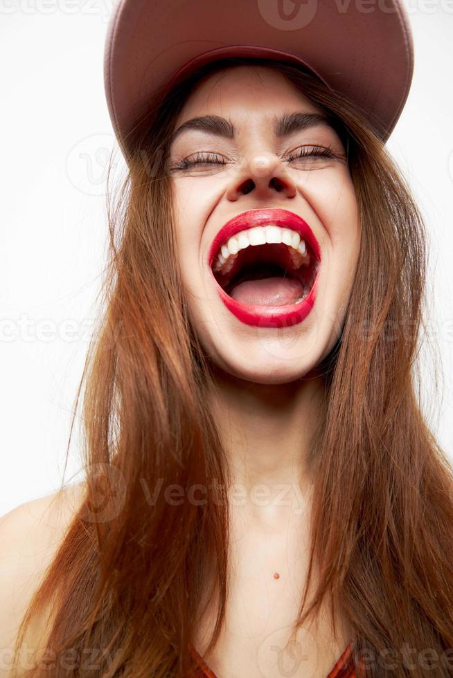 Portrait of a woman in a cap Closed eyes, wide open mouth, bare shoulders 22467535 Stock Photo ...