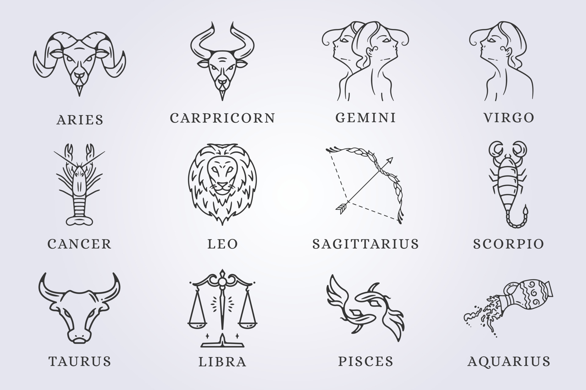 Set Of Zodiac Astrology Horoscope Sign Line Art Vector Illustrtaion