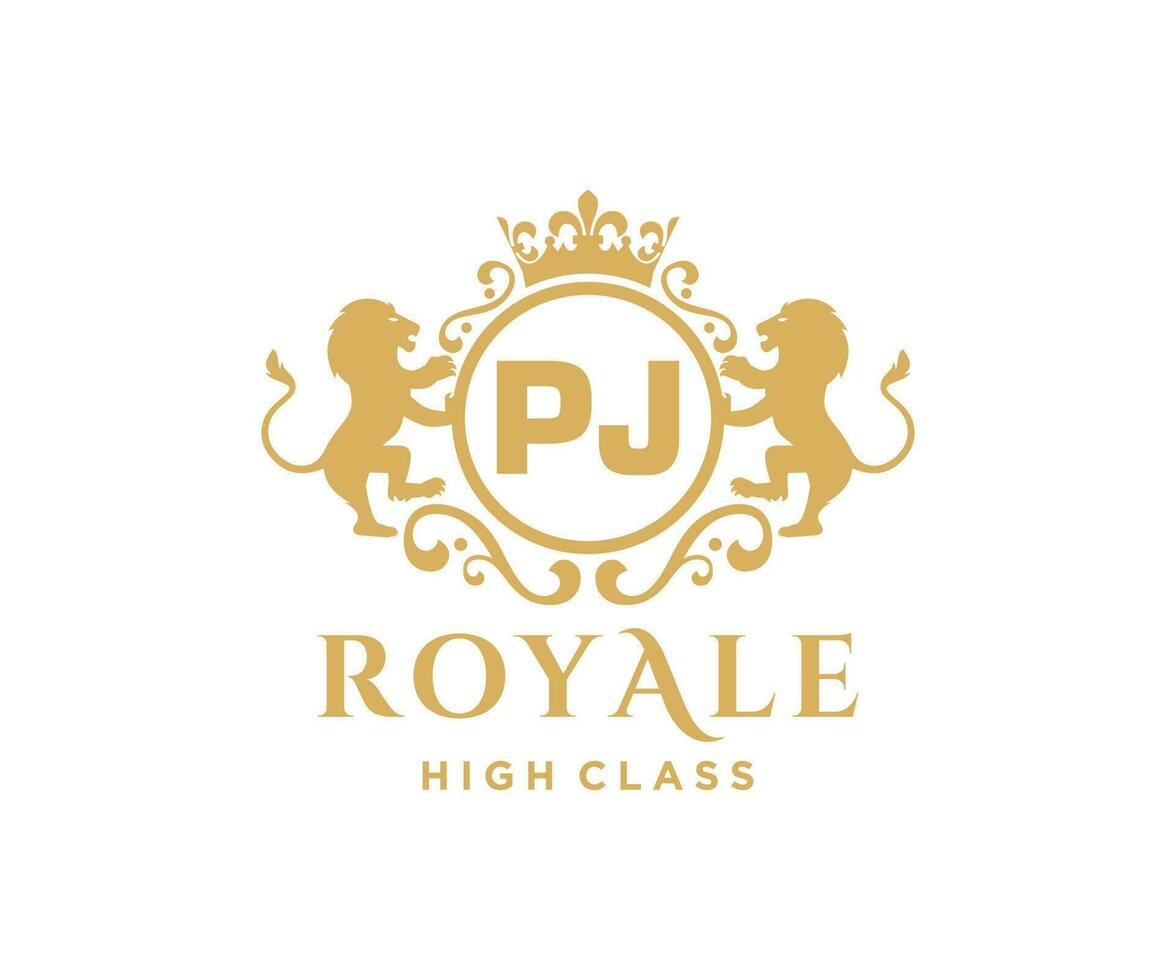 Golden Letter PJ template logo Luxury gold letter with crown. Monogram alphabet . Beautiful ...